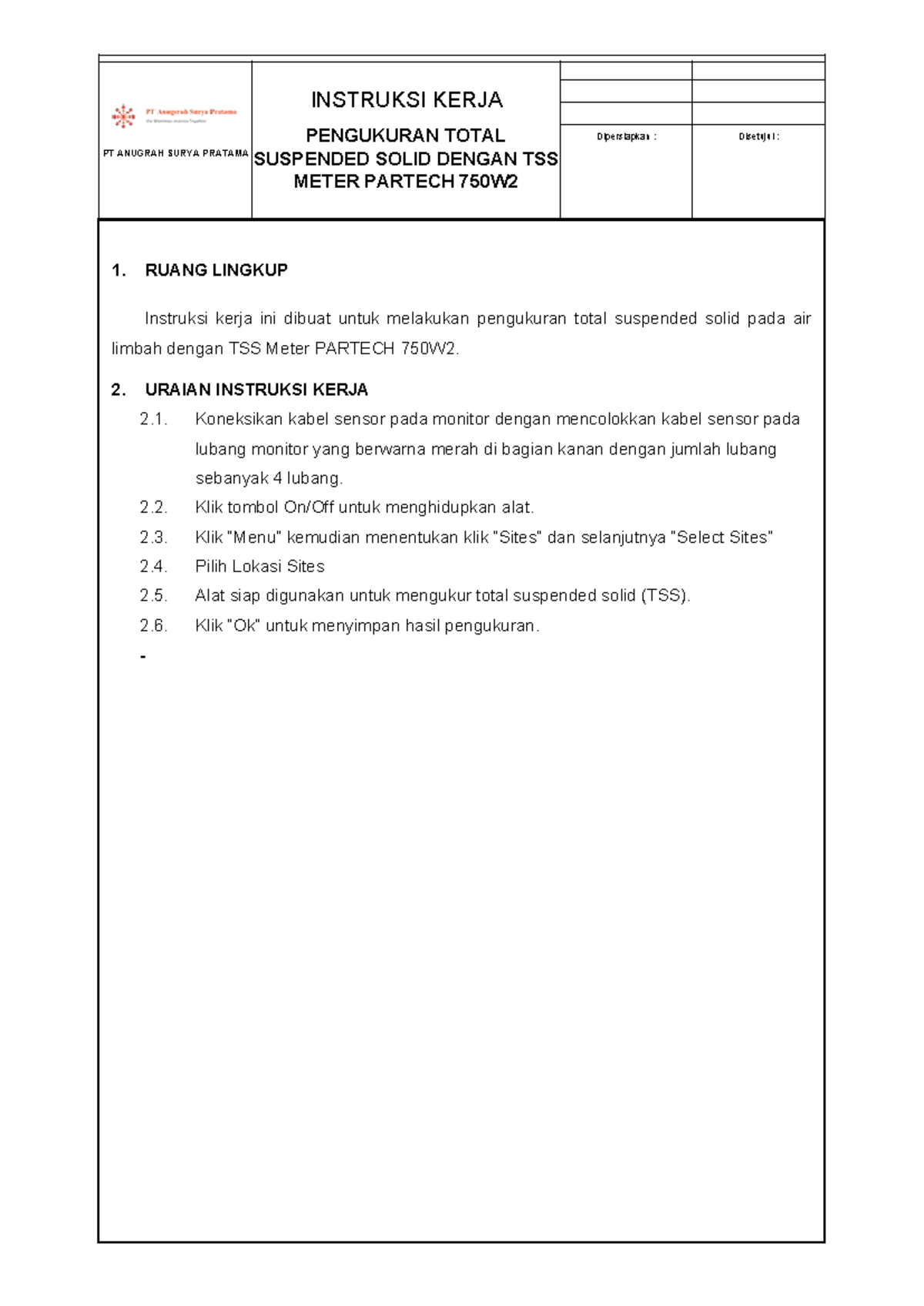 Instruksi Kerja: Pengukuran TSS dengan Meter PARTECH 750W2 - Studocu