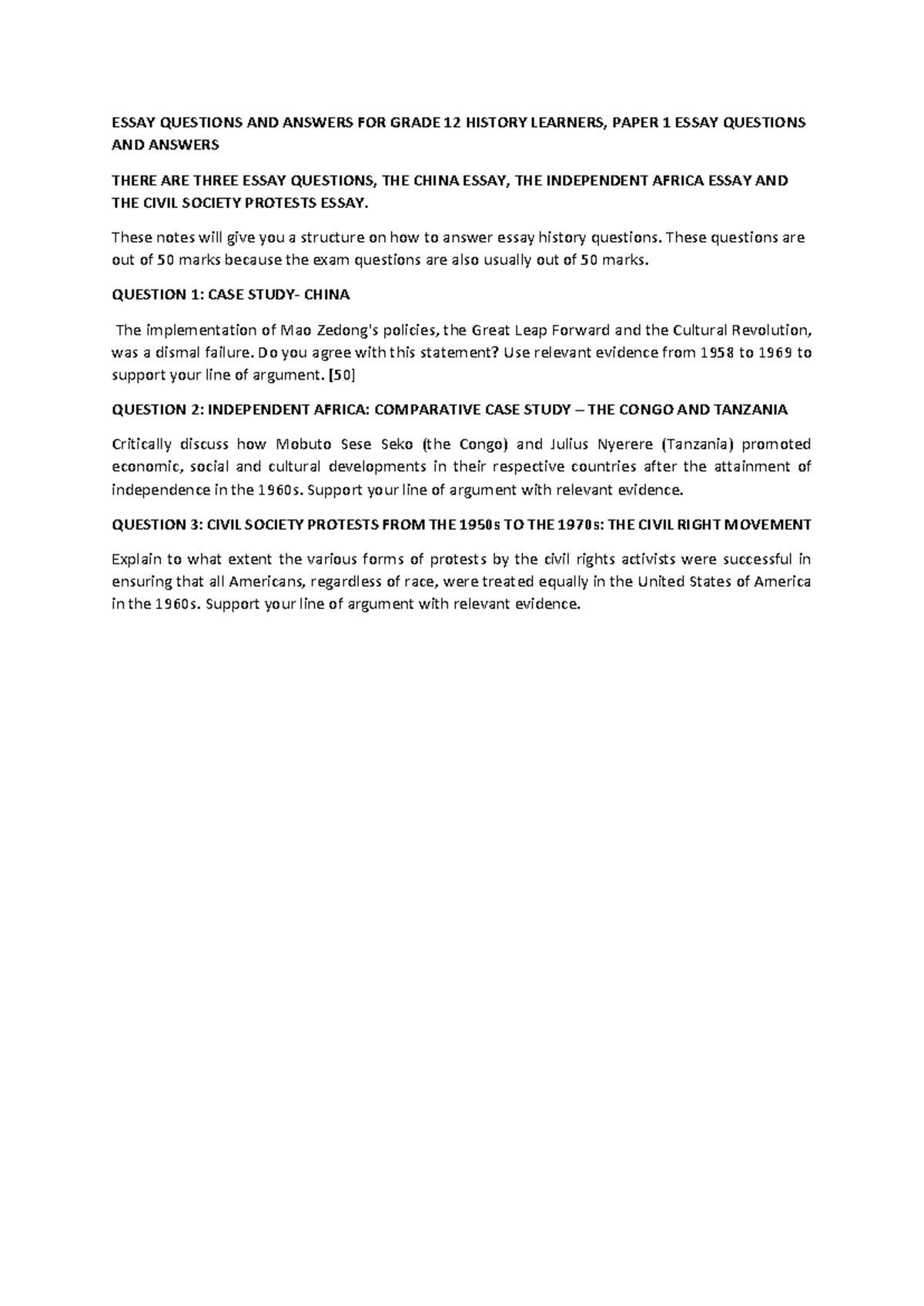 Grade 12 History Essay Questions & Answers - Paper 1 Insights - Studocu