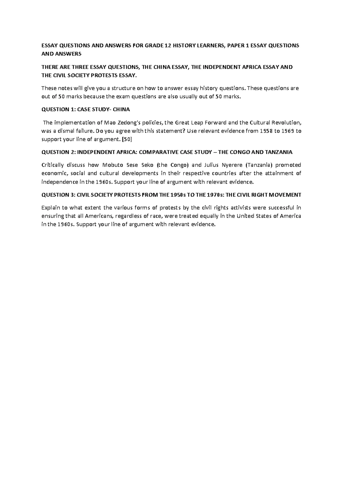 Essay Questions AND Answers FOR Grade 12 History Learners - Warning: TT ...