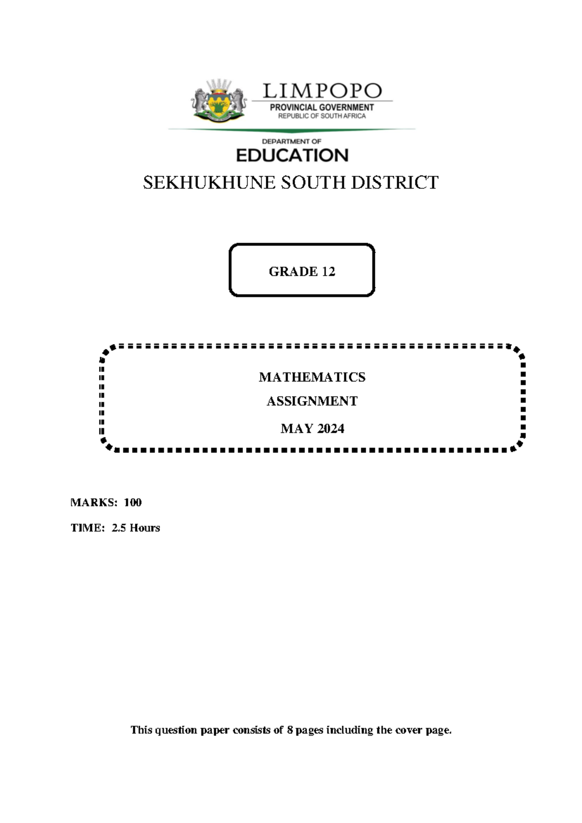 Grade 12 Mathematics Assignment - May 2024 (Marks: 100) - Studocu
