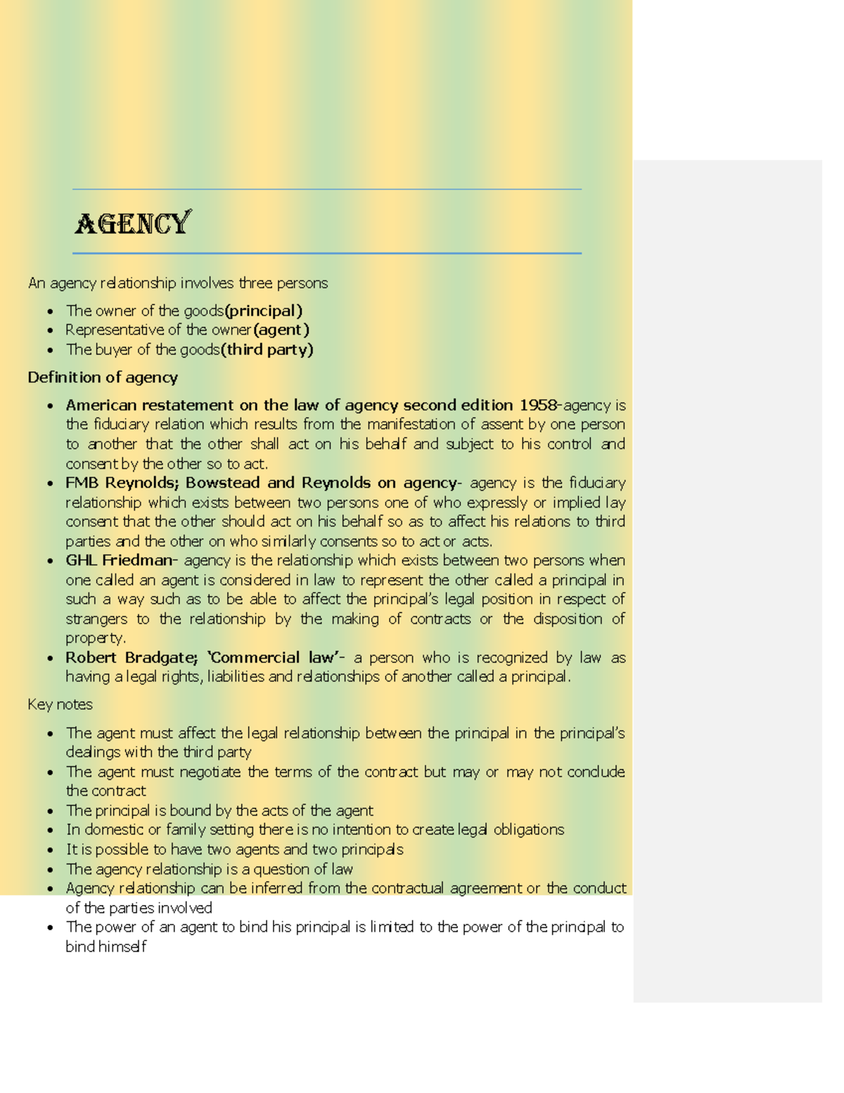 Agency Law Notes (LAW 101) - Studocu
