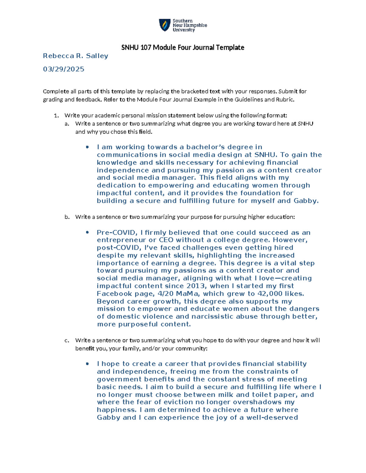 SNHU 107 Module Four Journal Template - SNHU 107 Module Four Journal ...