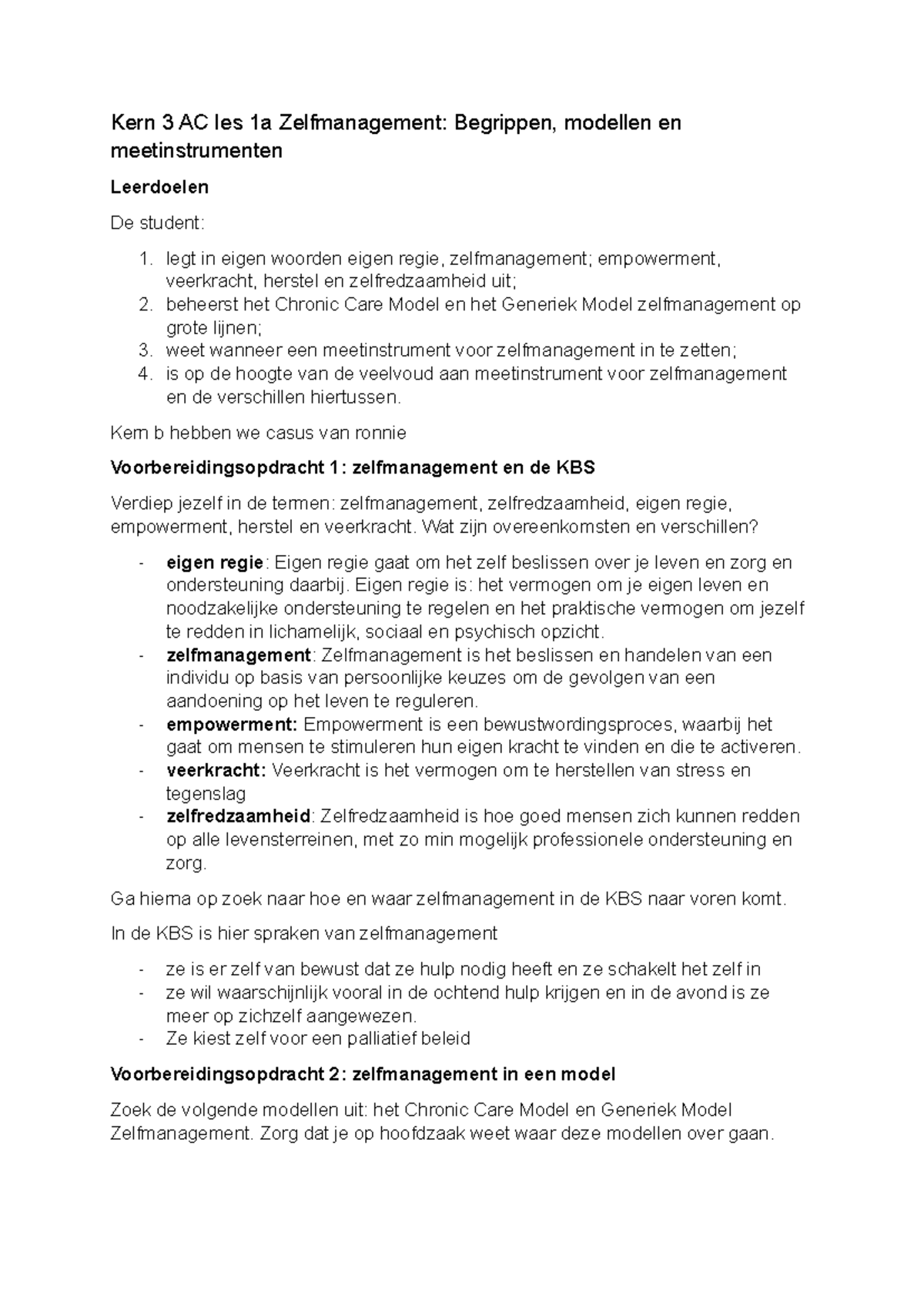 Kern 3 AC Les 1a: Zelfmanagement - Begrippen, Modellen en ...