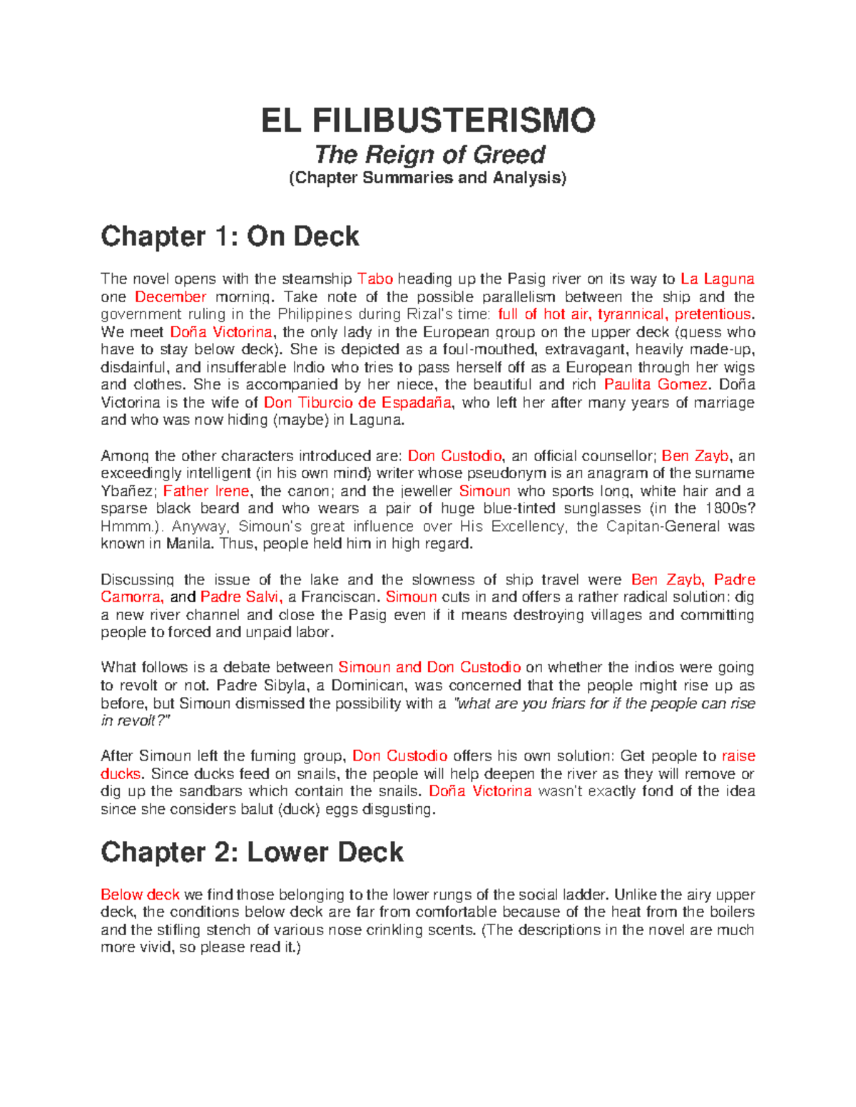 Chapter Summary - EL FILIBUSTERISMO The Reign of Greed (Chapter ...