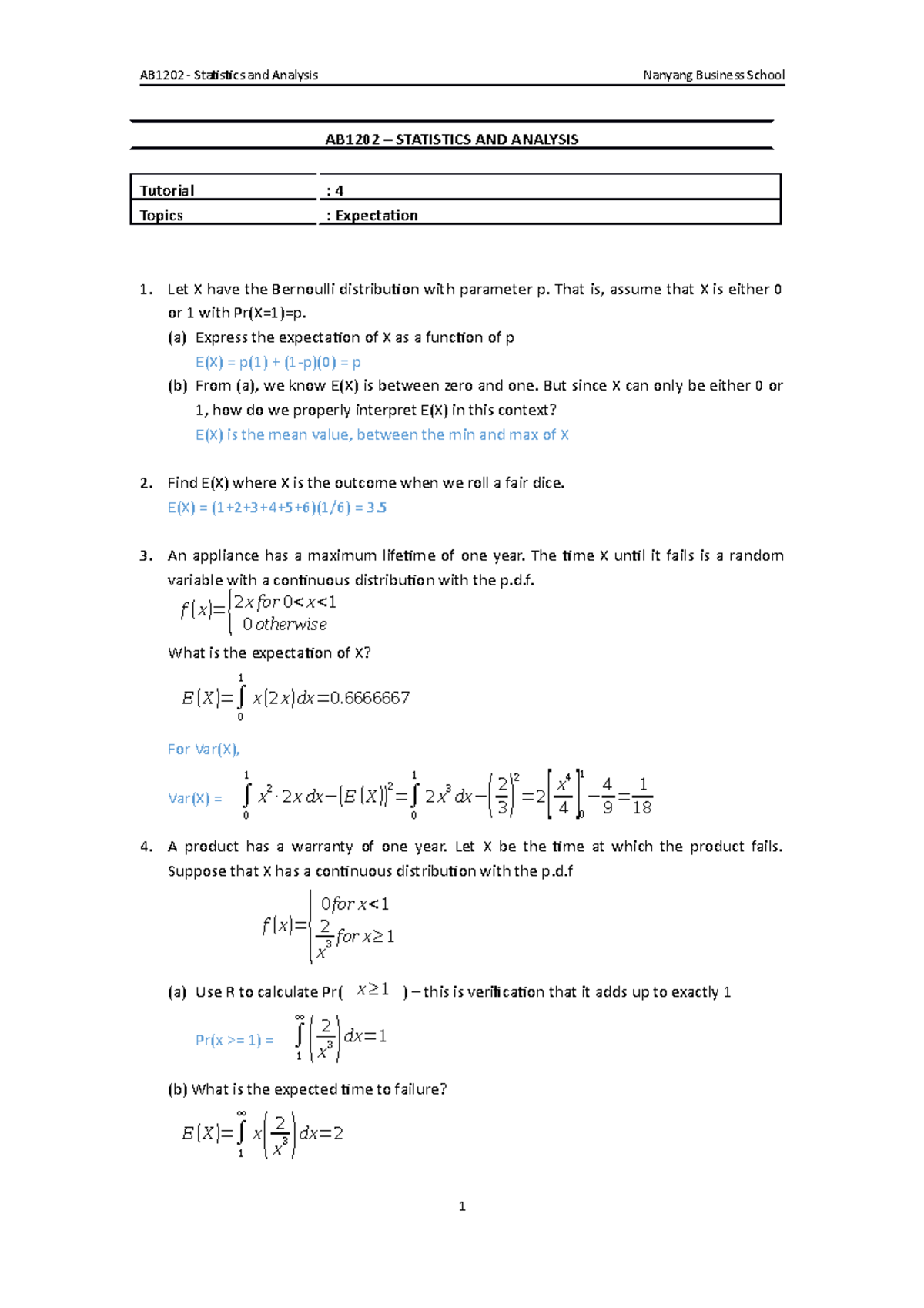 AB1202 Stats Tutorial Questions week 4 - AB1202 - NTU - Studocu
