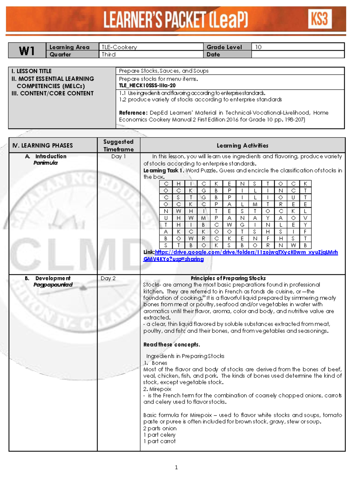 TLE Cookery 10: Week 1 - Preparing Stocks and Sauces Guide - Studocu