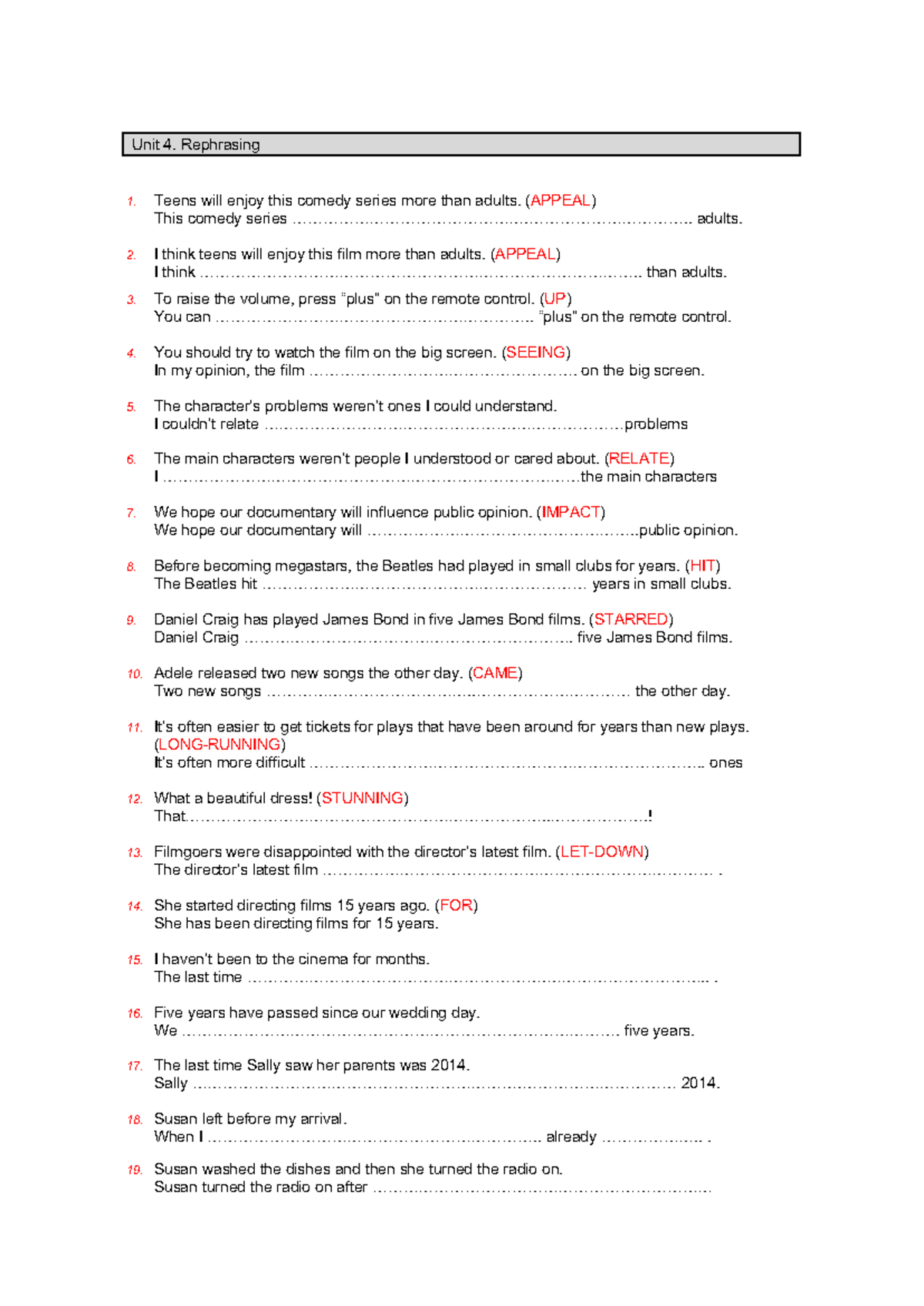 Unit 4 - Rephrasing Exercises and Answers (APPEAL) - Studocu