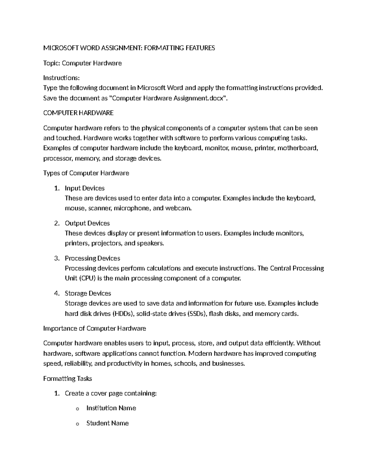 MICROSOFT WORD ASSIGNMENT: COMPUTER HARDWARE FORMAT - Studocu