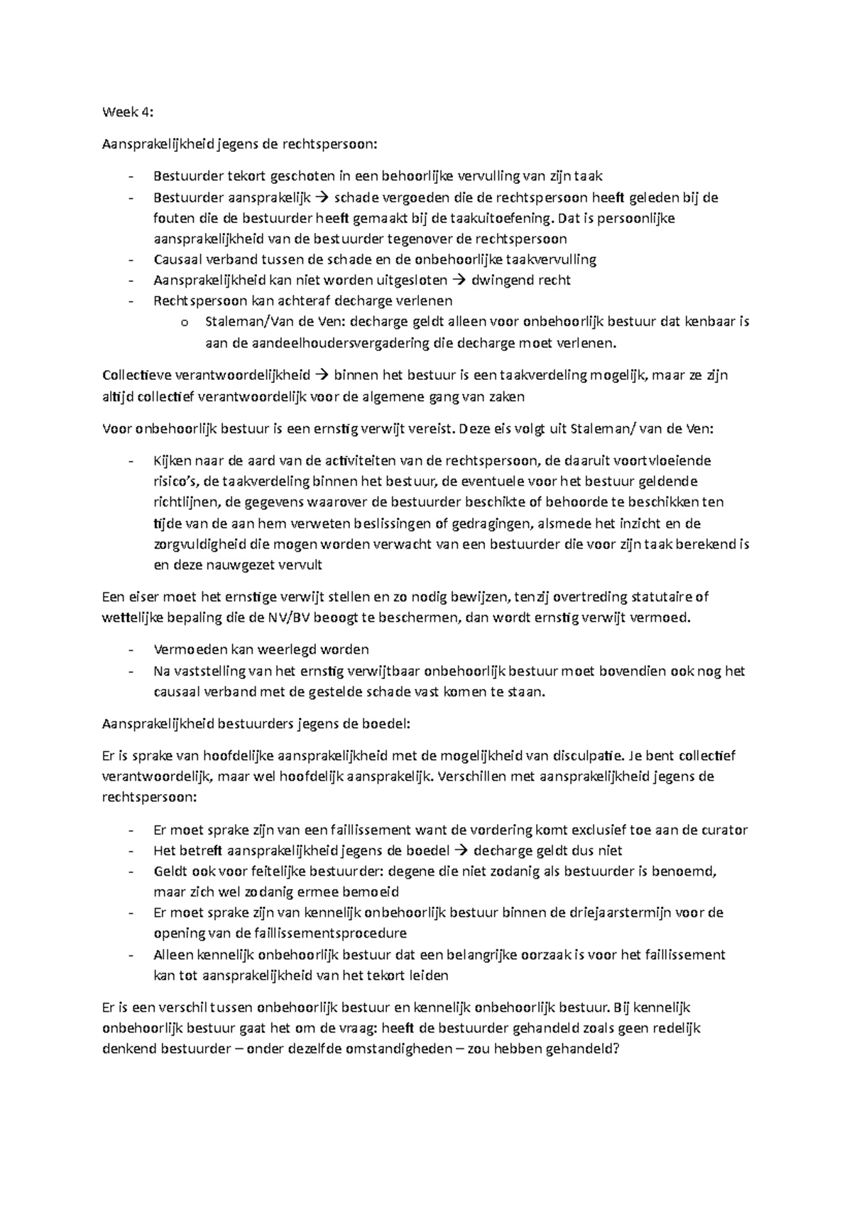 Samenvatting en stappenplan Week 4: Aansprakelijkheid Bestuurders ...