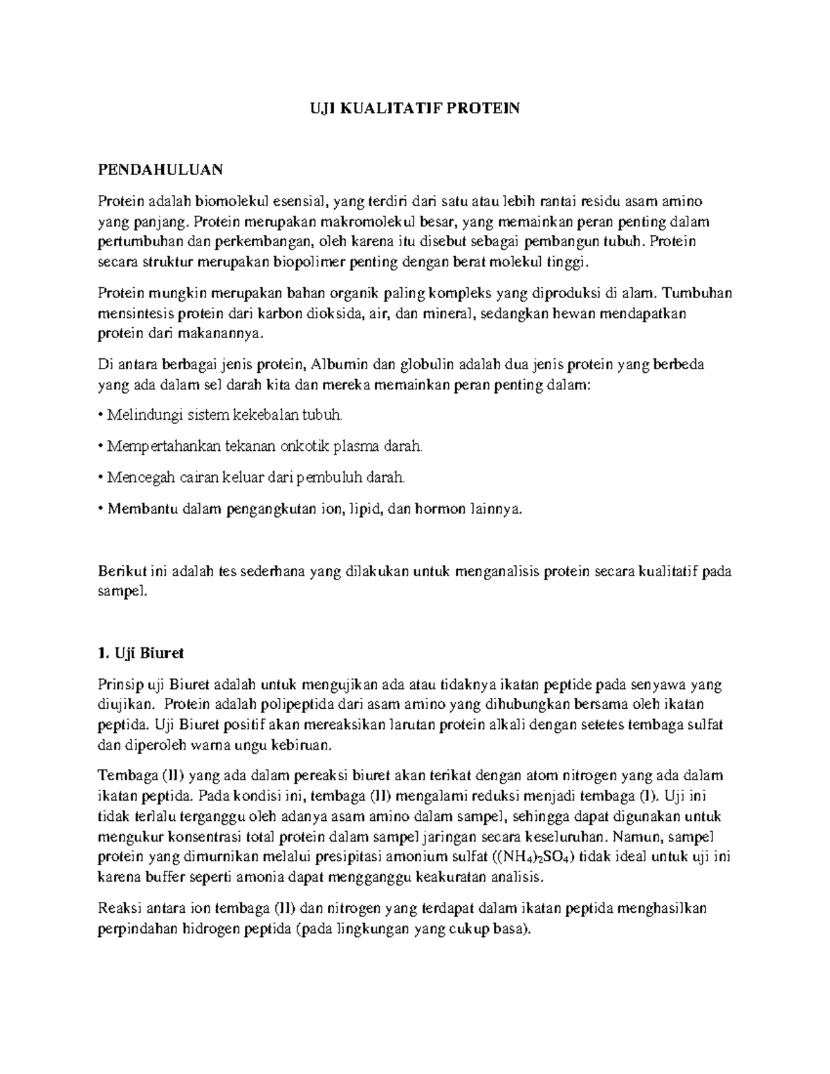 Uji Kualitatif Protein: Metode dan Prosedur Analisis Laboratorium - Studocu