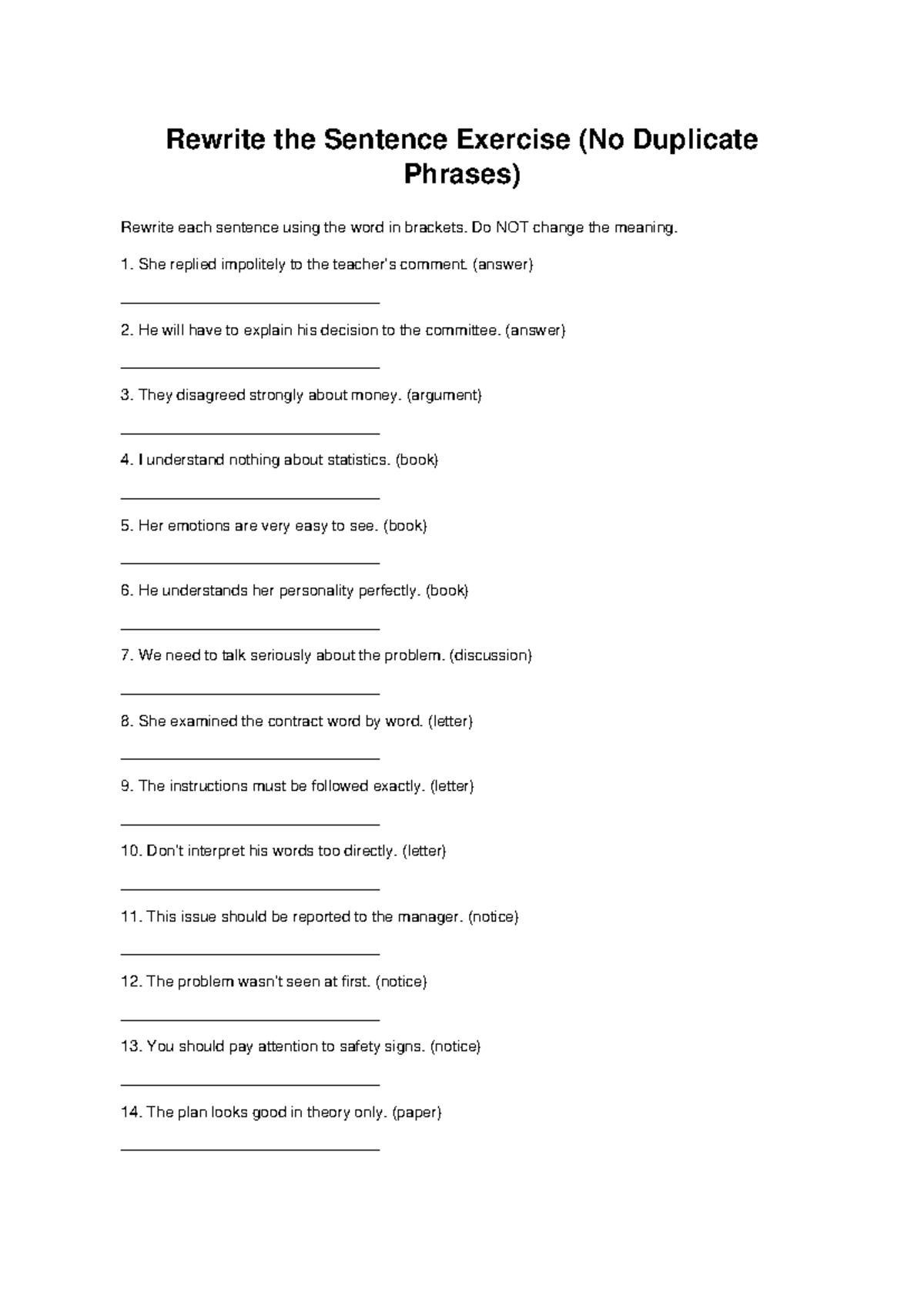 ENG 101: Rewrite the Sentence Exercise (No Duplicate Phrases) - Studocu