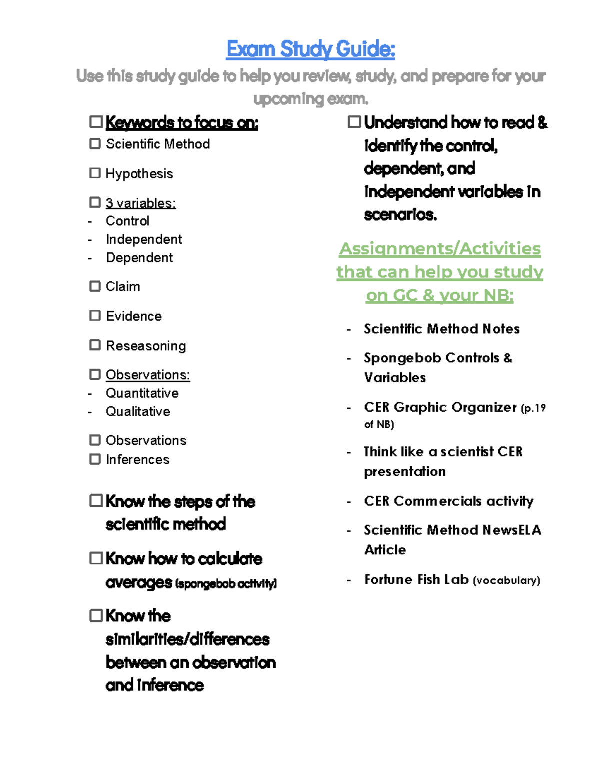 8th Grade Scientific Method Exam Study Guide - Exam Study Guide: Use ...