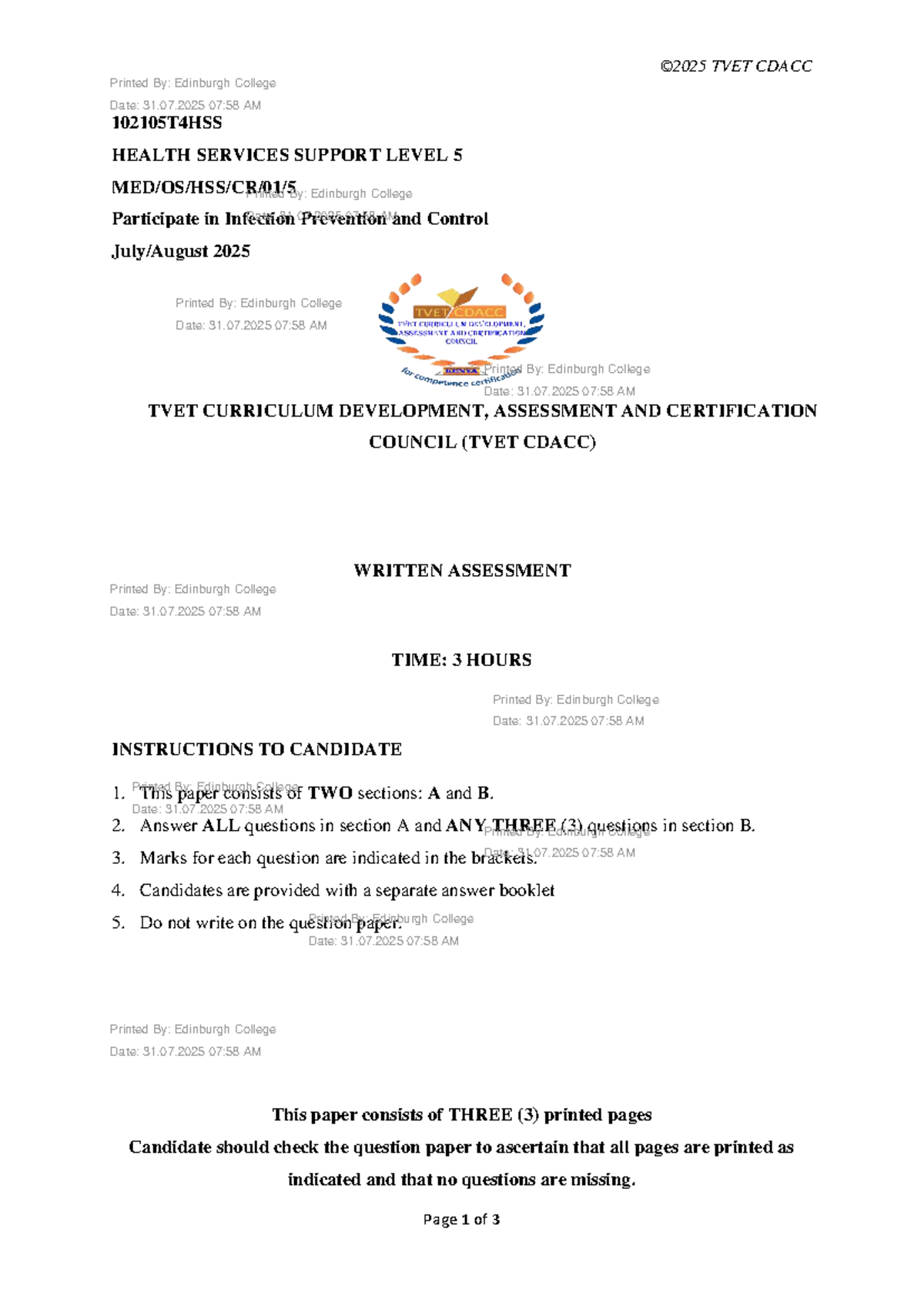 HSS 102105T4 - Infection Prevention & Control Assessment 2025 - Studocu