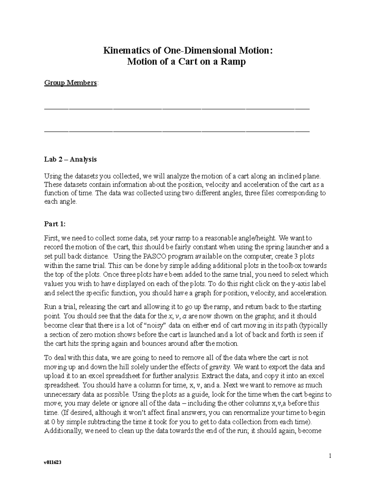 PHYS 101 Lab 2: Kinematics of One-Dimensional Motion Analysis - Studocu