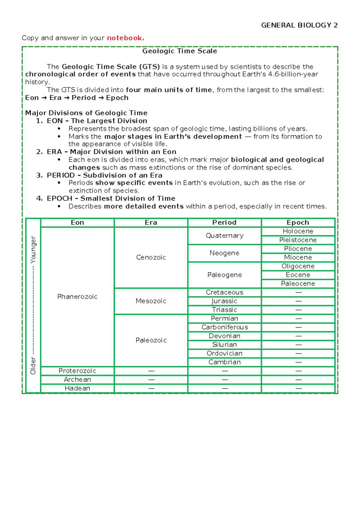 GENERAL BIOLOGY 2: Geologic Time Scale Overview - Studocu