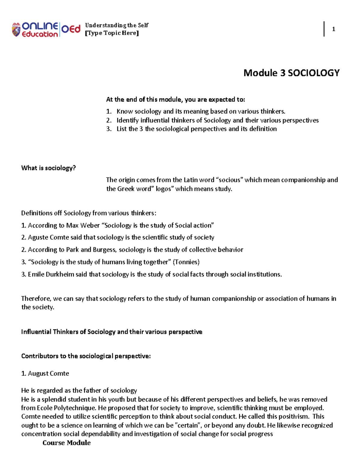 Week 2 Module 1 and 2 The self from various perspective - Understanding ...