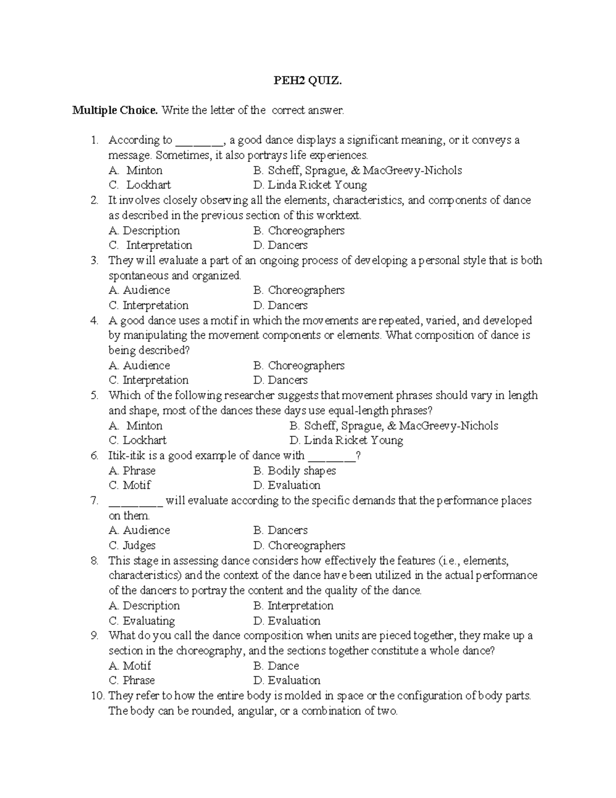 PEH2 MAPEH QUIZ: Multiple Choice Questions on Dance Concepts - Studocu