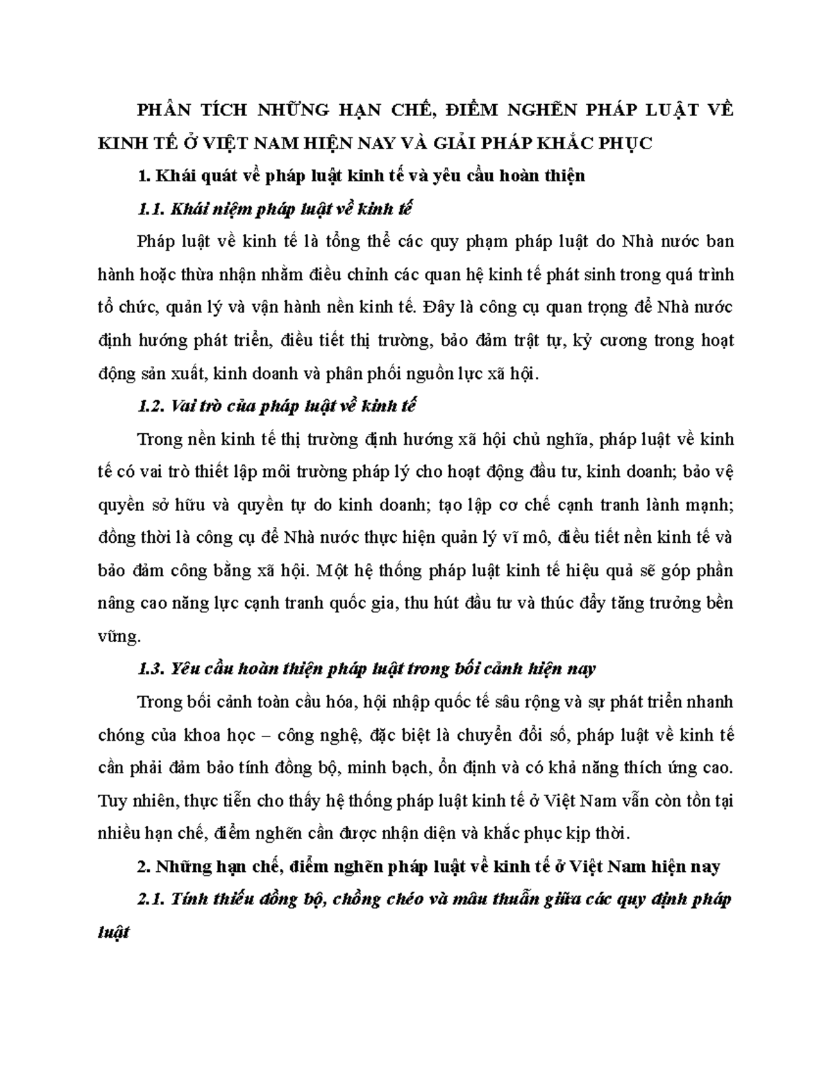 PHÂN TÍCH HẠN CHẾ PHÁP LUẬT KINH TẾ Ở VIỆT NAM - MÔN XÂY DỰNG PHÁP LUẬT ...