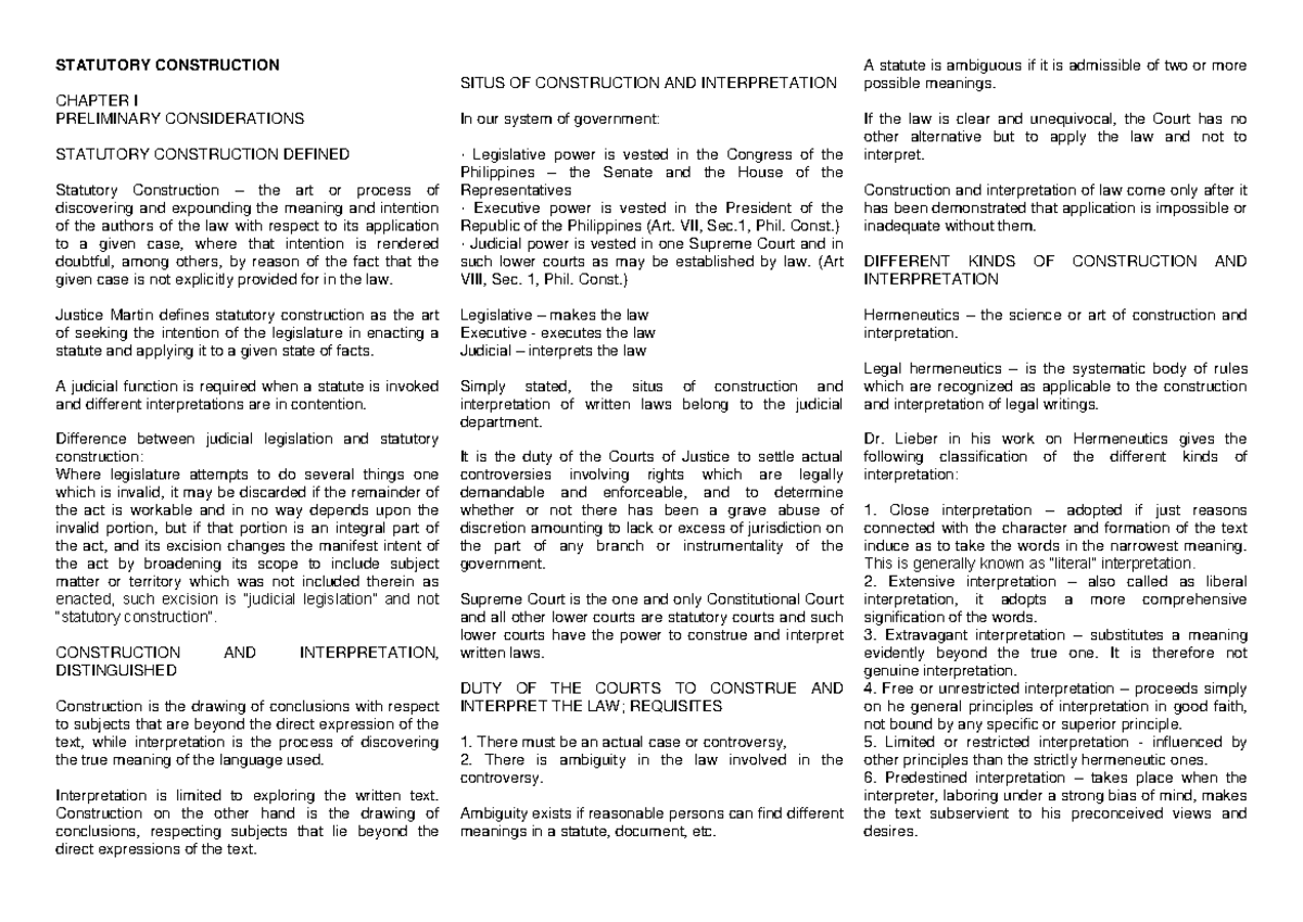 STATCON 101: Statutory Construction and Interpretation Overview - Studocu