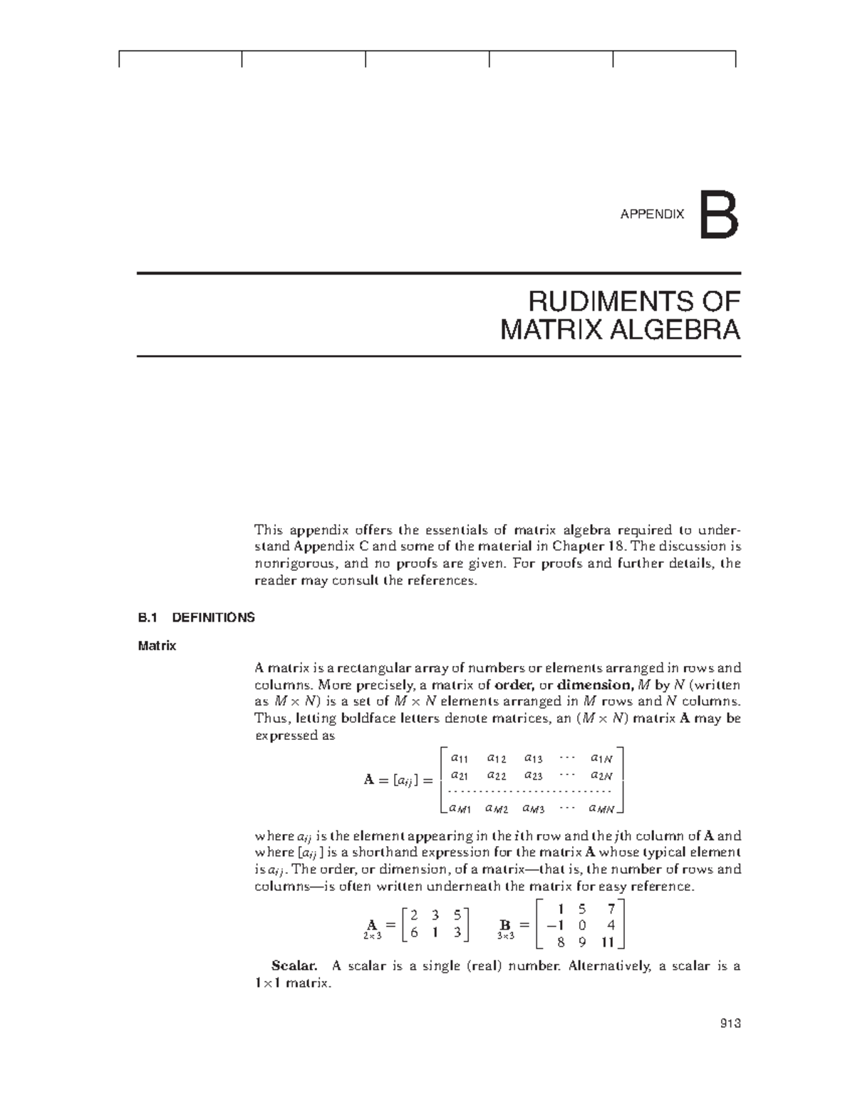 Basic+matrix+Algebra - 913 APPENDIX B RUDIMENTS OF MATRIX ALGEBRA This ...