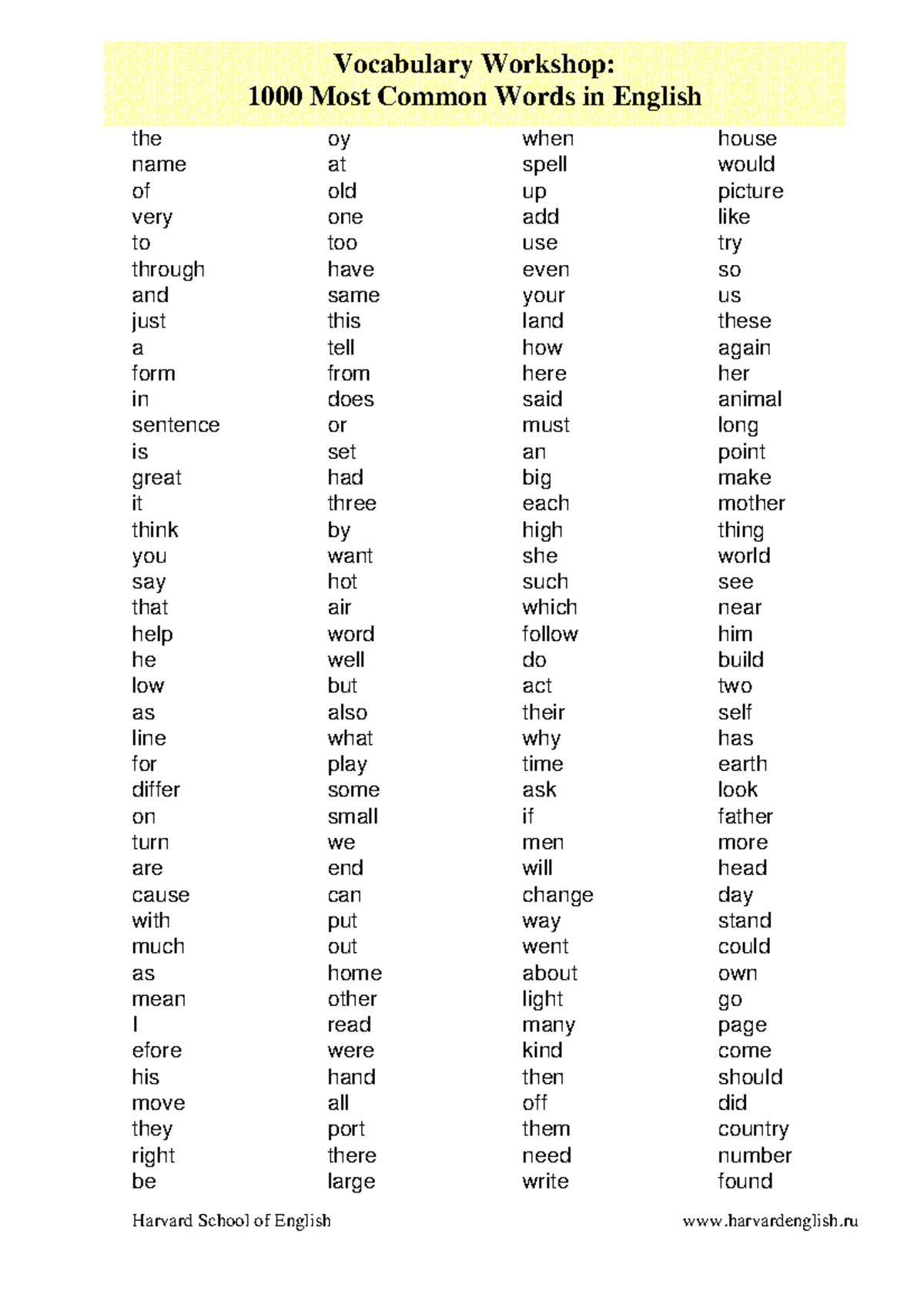 Vocabulary Workshop: 1000 Most Common Words in English - Aaa - Studocu