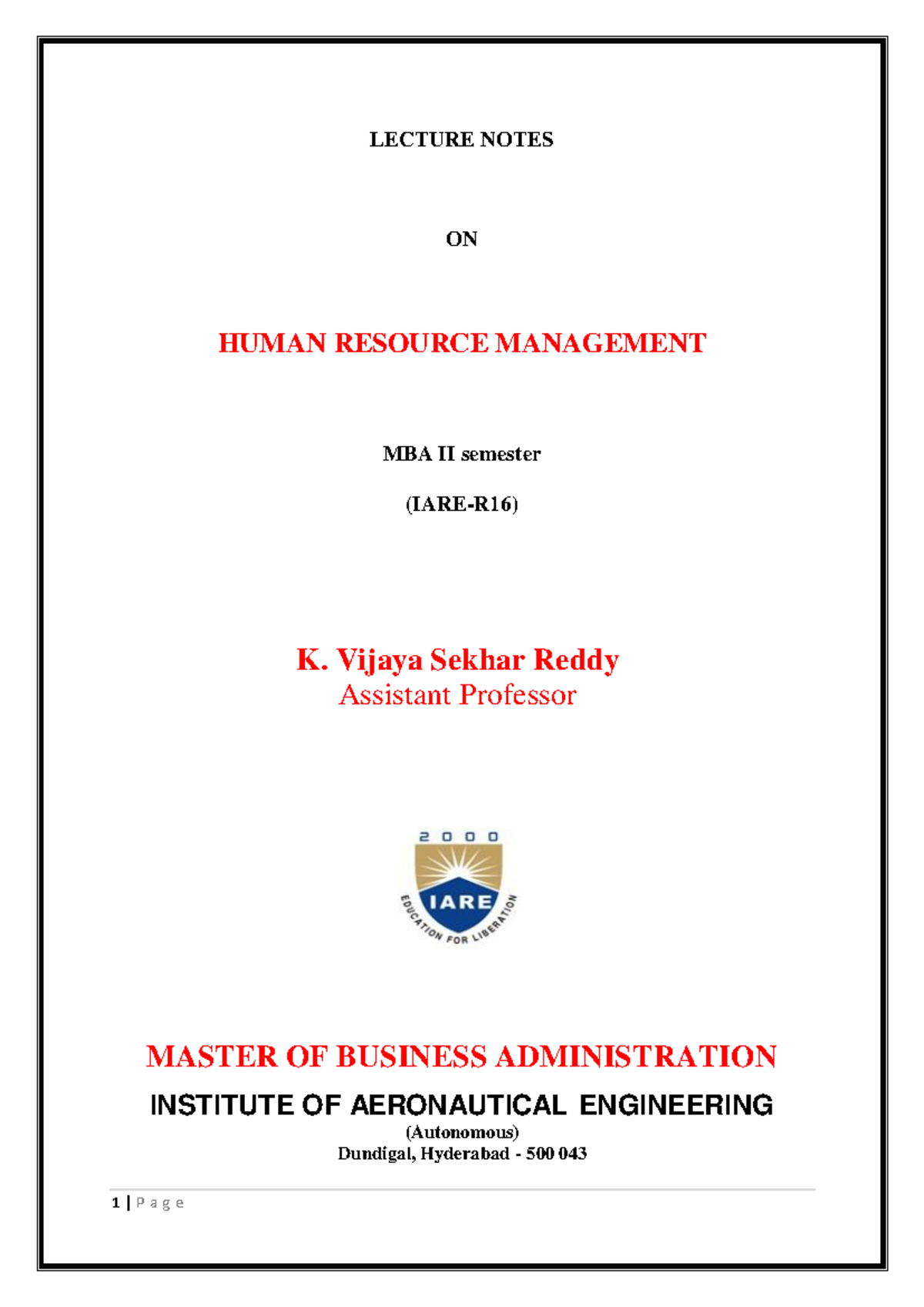 HRM Lecture Notes for MBA II Semester (IARE-R16) - Unit 1 Overview ...