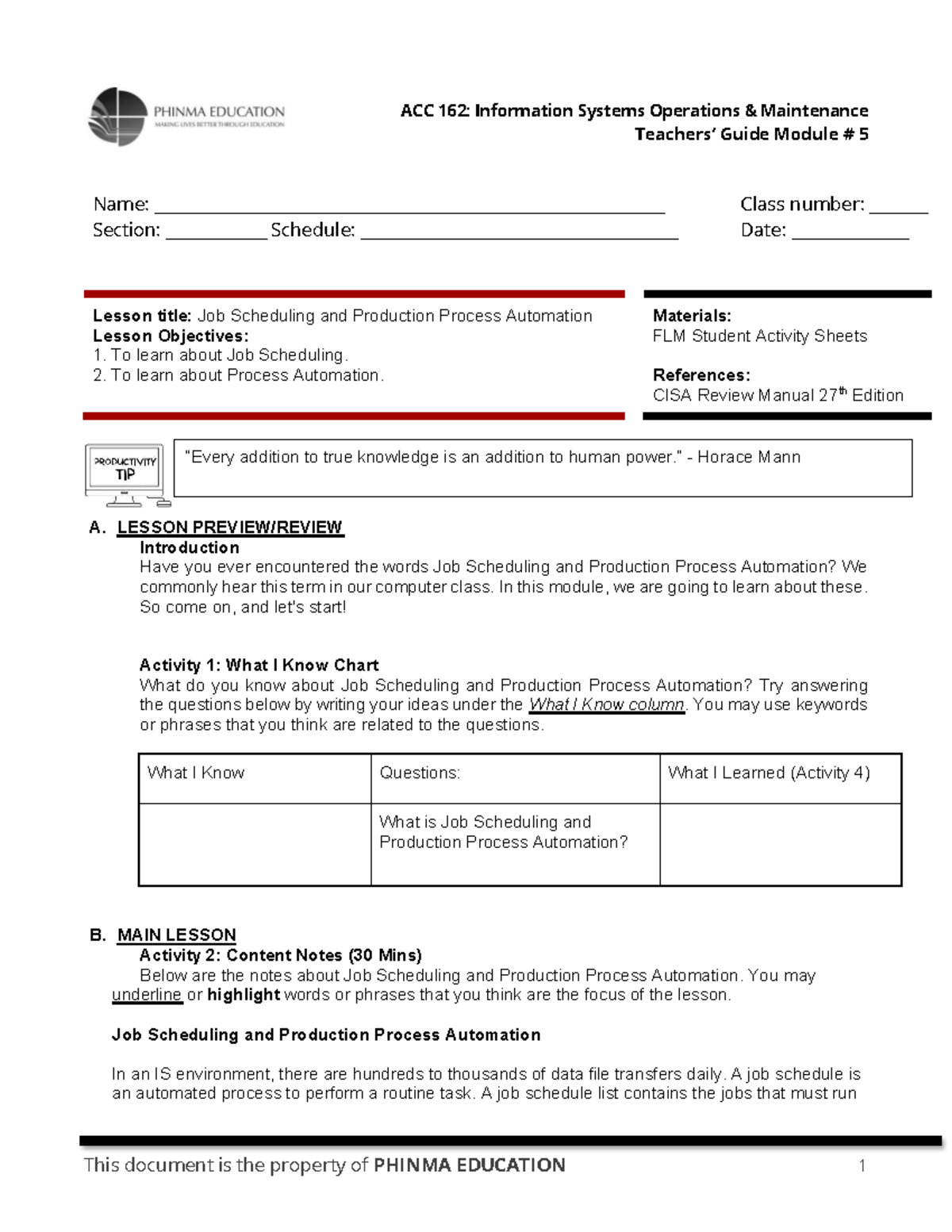ACC 162: Lesson on Job Scheduling & Production Process Automation - Studocu