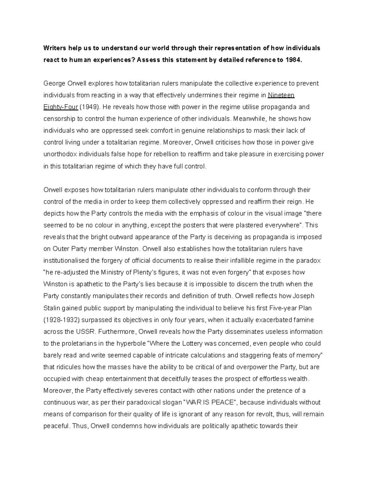 1984 Essay 2 - Writers help us to understand our world through their ...