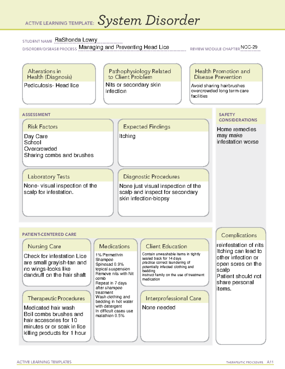 ATI System Disorder Template - Pediculosis & Head Lice Management - Studocu