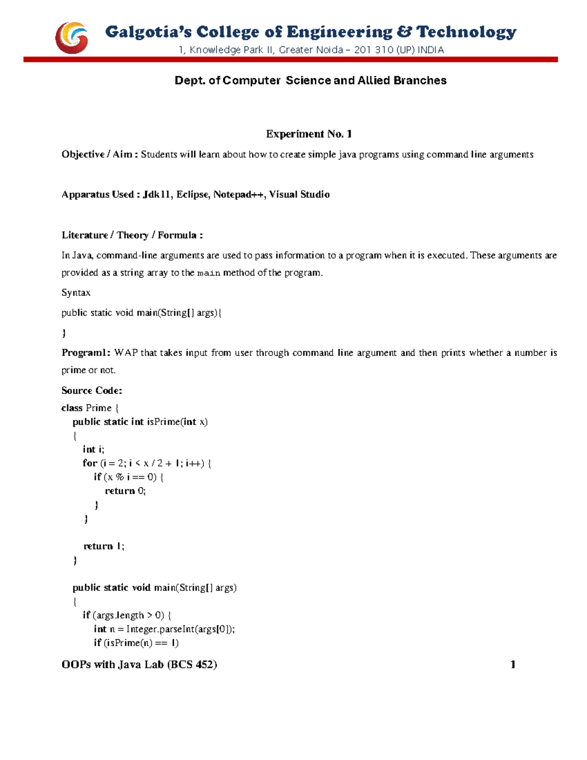 OOPs with Java Lab (BCS 452) - Command Line Arguments & Program Examples - Studocu