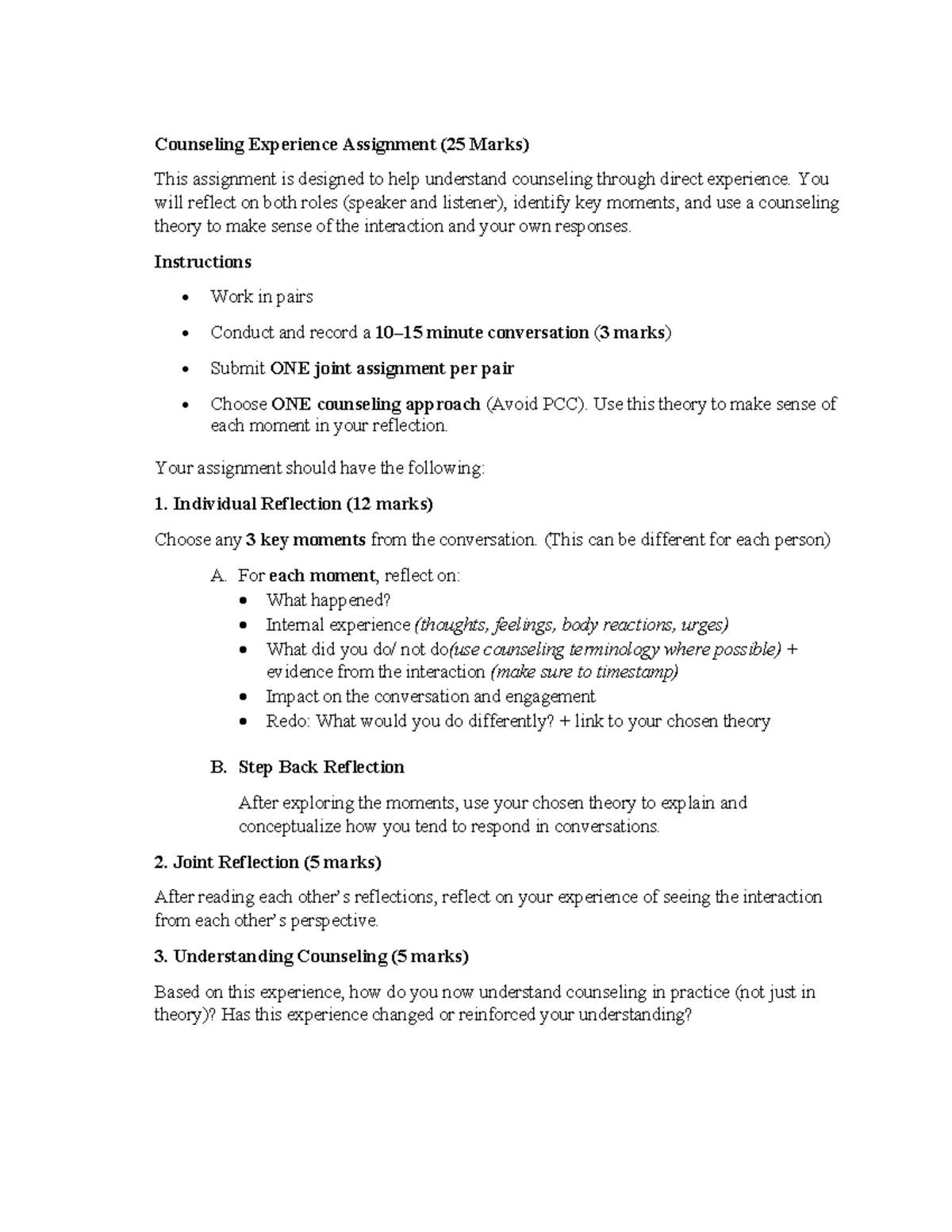 Counseling Experience Assignment Reflection (25 Marks) - Studocu