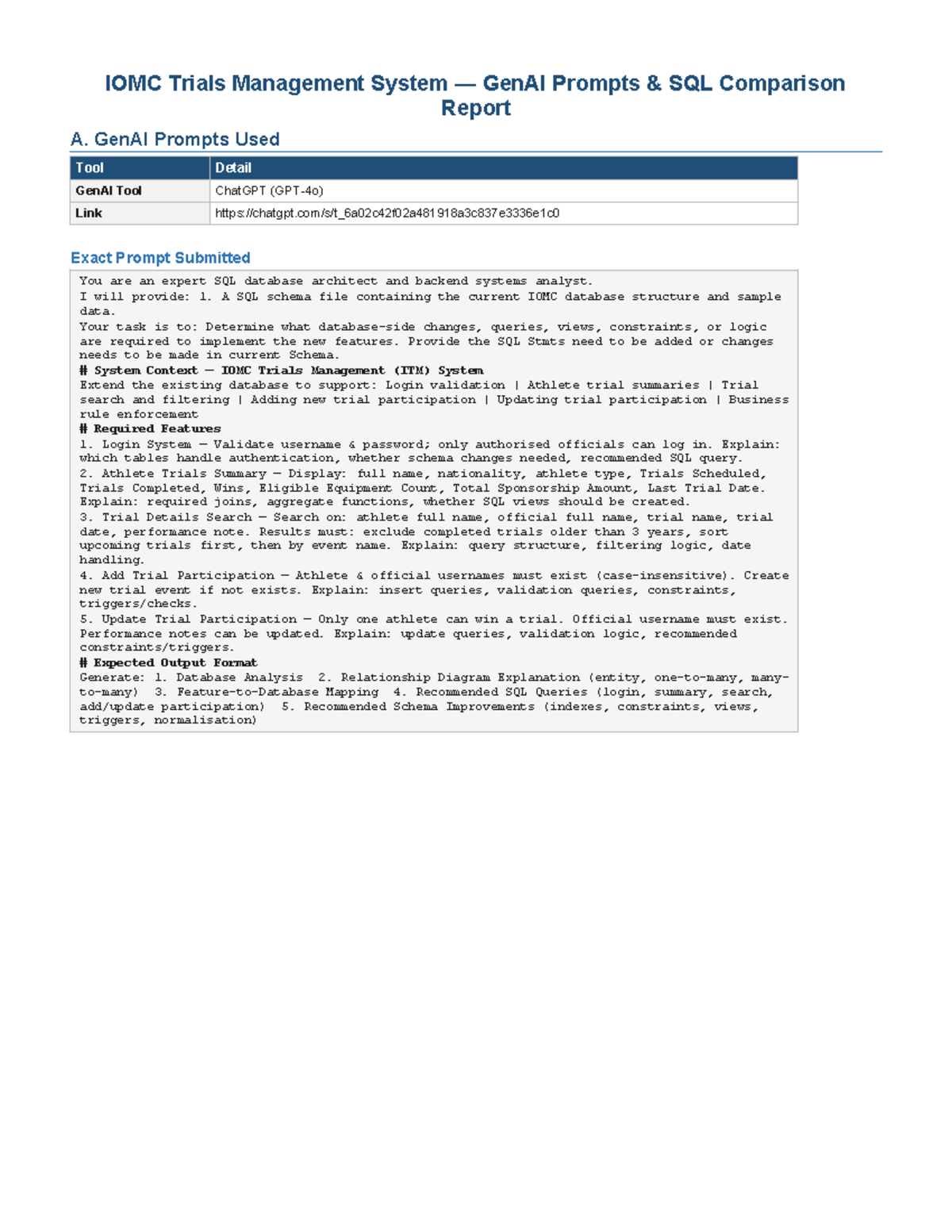 IOMC Trials Management System GenAI SQL Comparison Report - Studocu