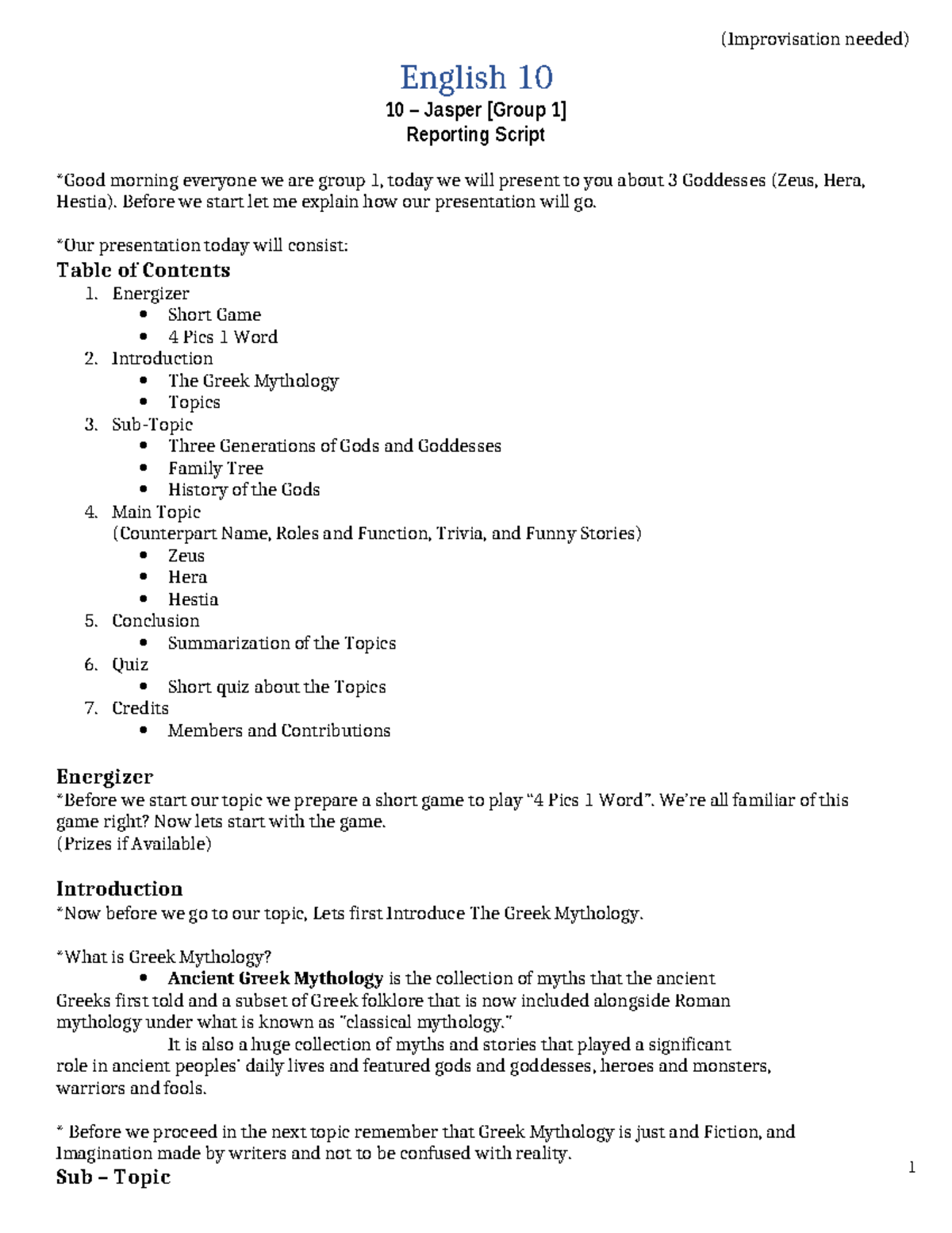 English 10: Greek Mythology Presentation Script on Goddesses - Studocu