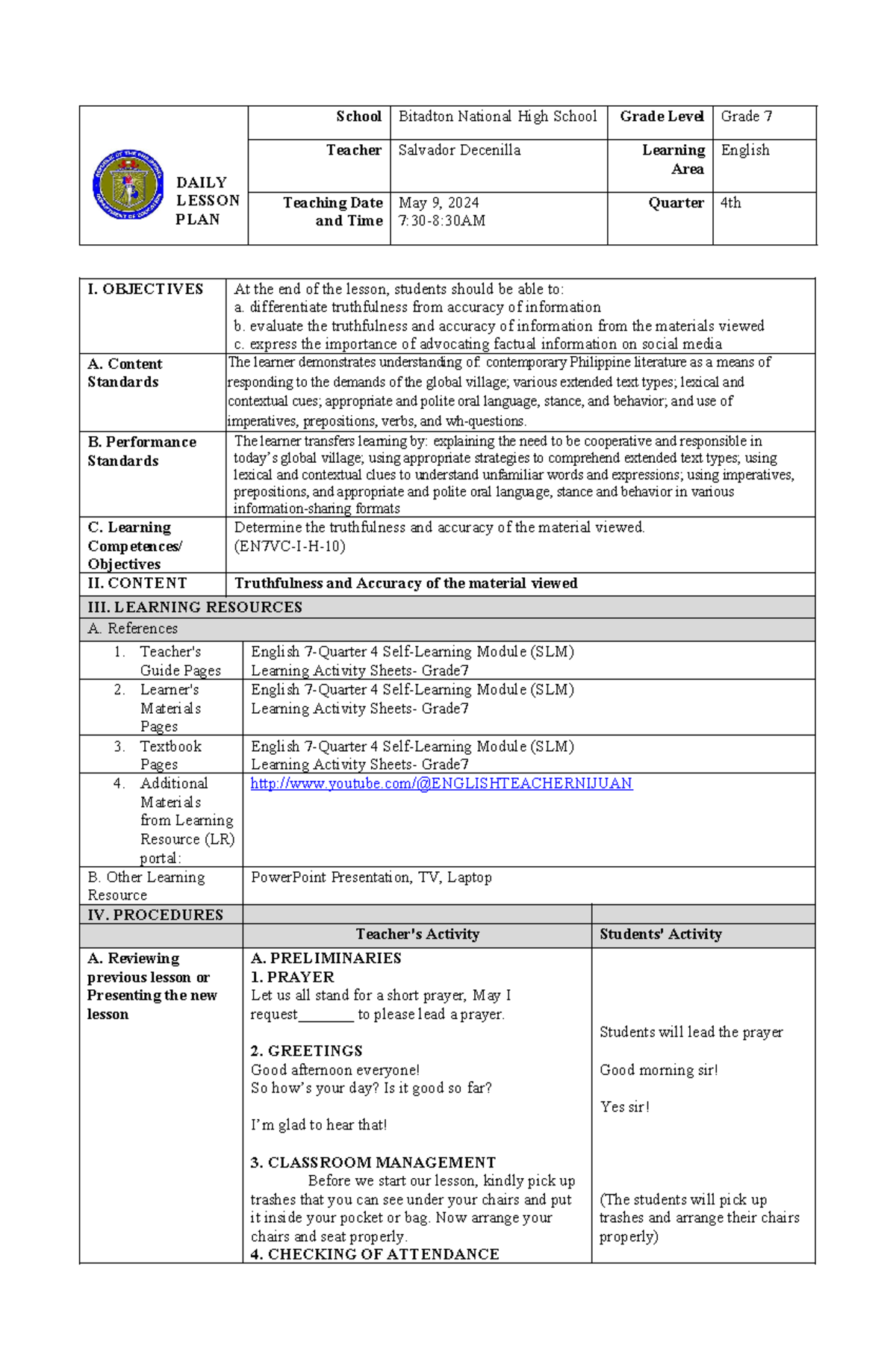 Truthfulness and Accuracy: Grade 7 English Lesson Plan (EN7VC-I-H-10 ...