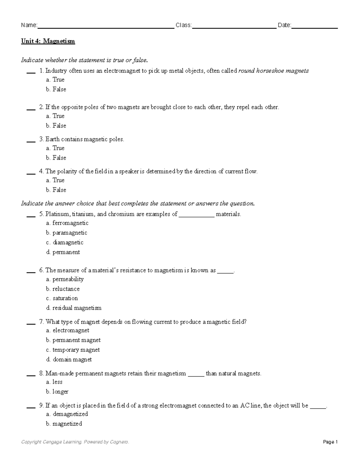 Unit 4 Magnetism - Electrical Practice Questions and Answers - Studocu