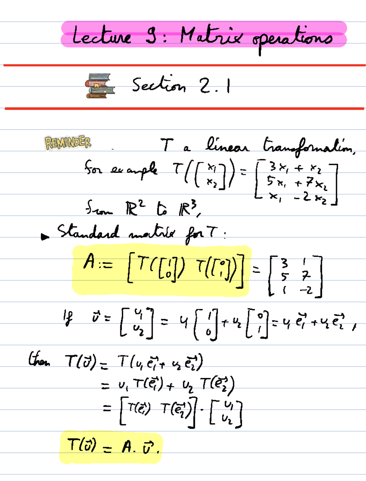 Matrix Operations Lecture 9: Linear Transformations and Properties - Studocu
