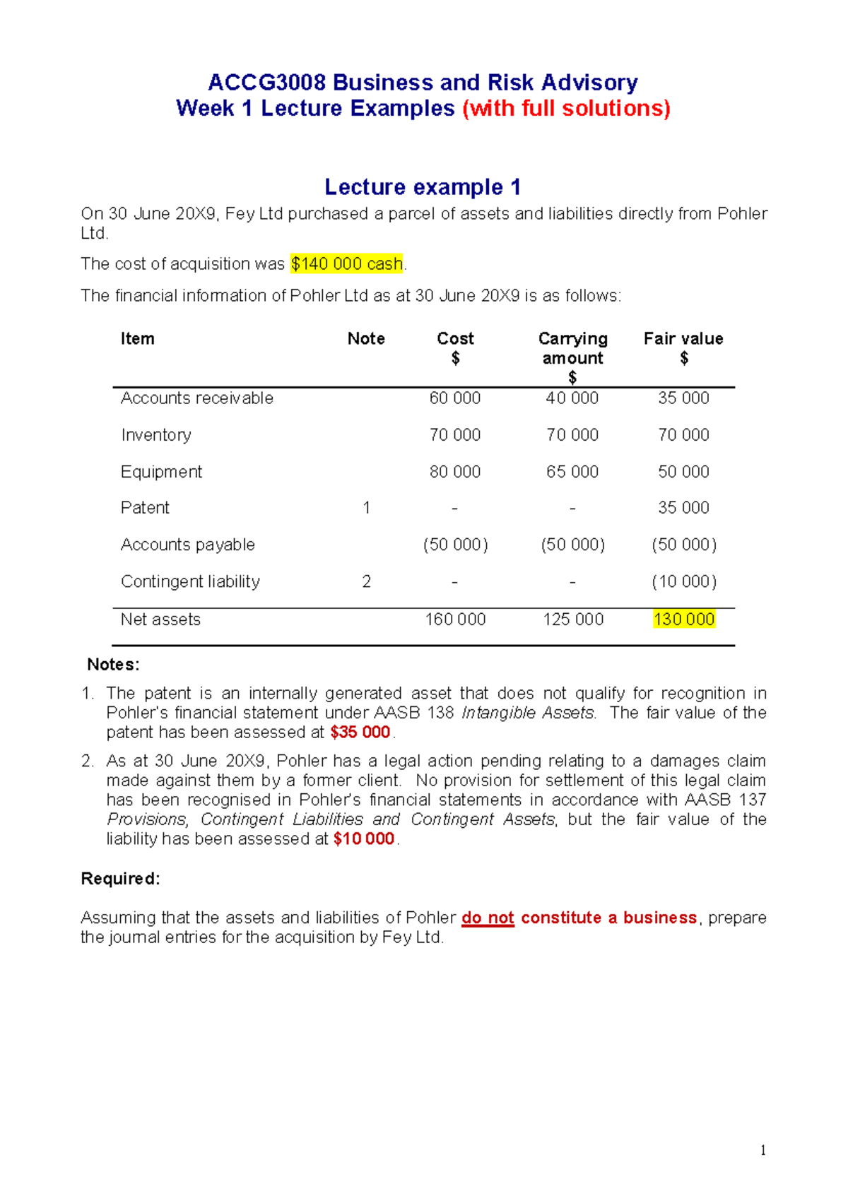 ACCG3008 Week 1 Lecture Examples: Business Acquisition Journal Entries ...