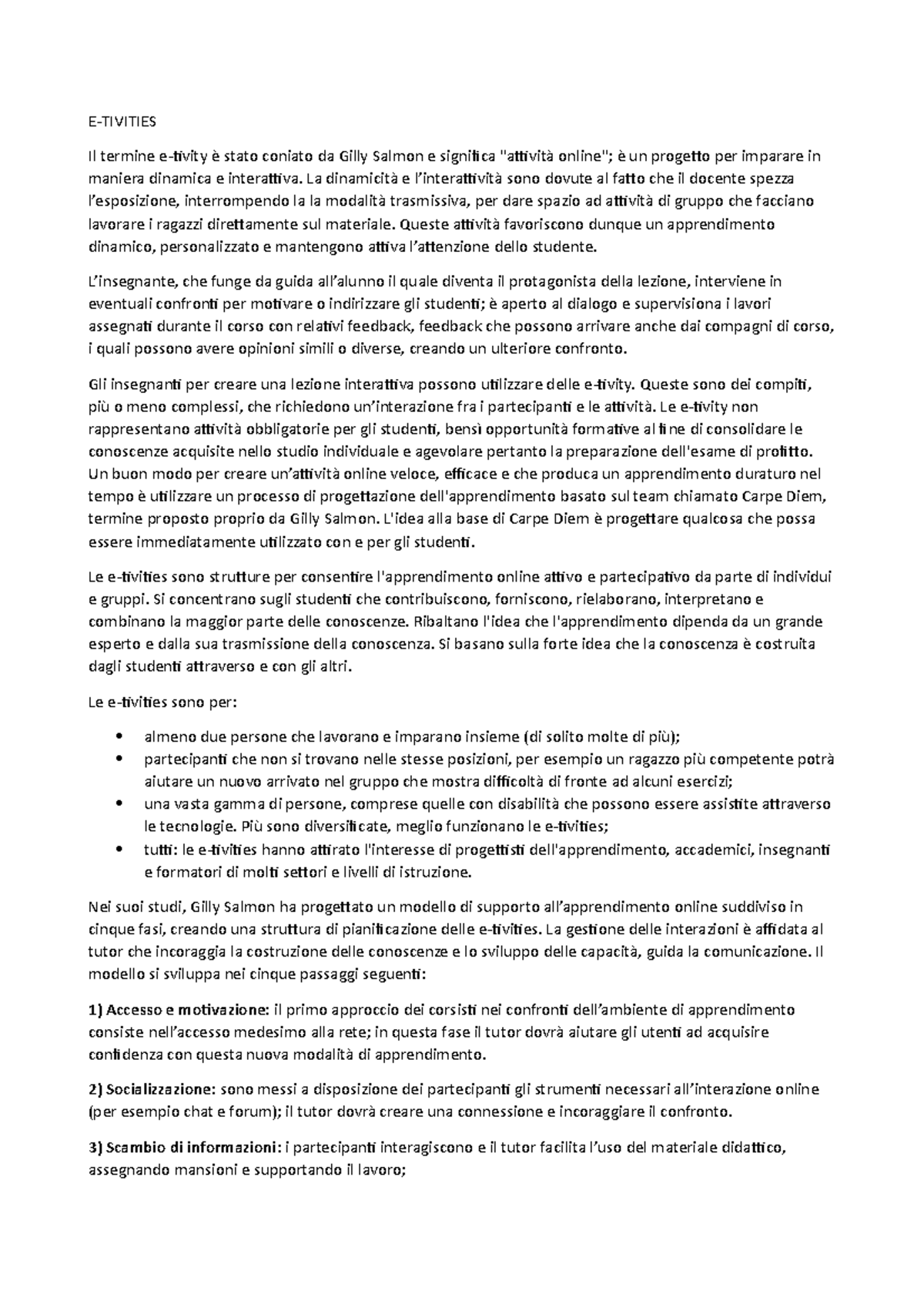 E-TIVITY: Finalità Pedagogiche e Metodologie di Apprendimento Online ...