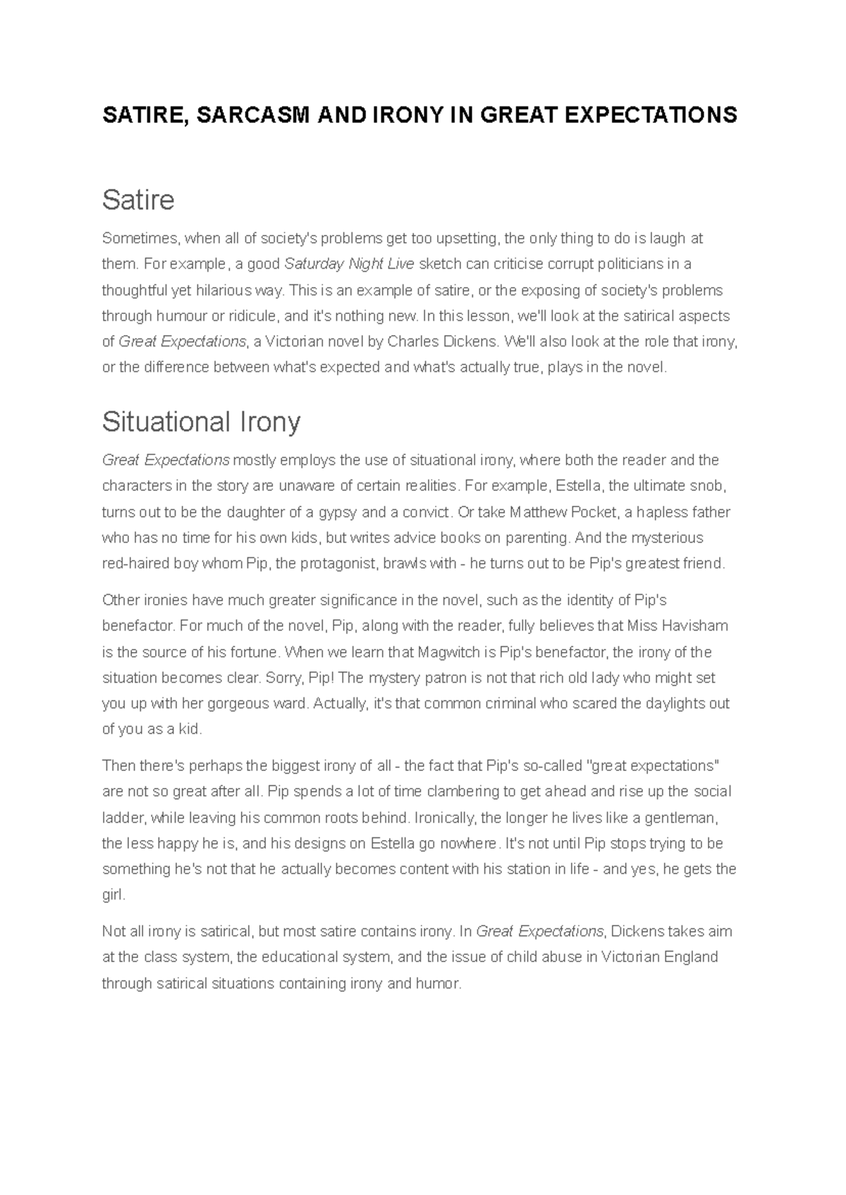 SATIRE, SARCASM, AND IRONY IN GREAT EXPECTATIONS (ENG 101) - Studocu