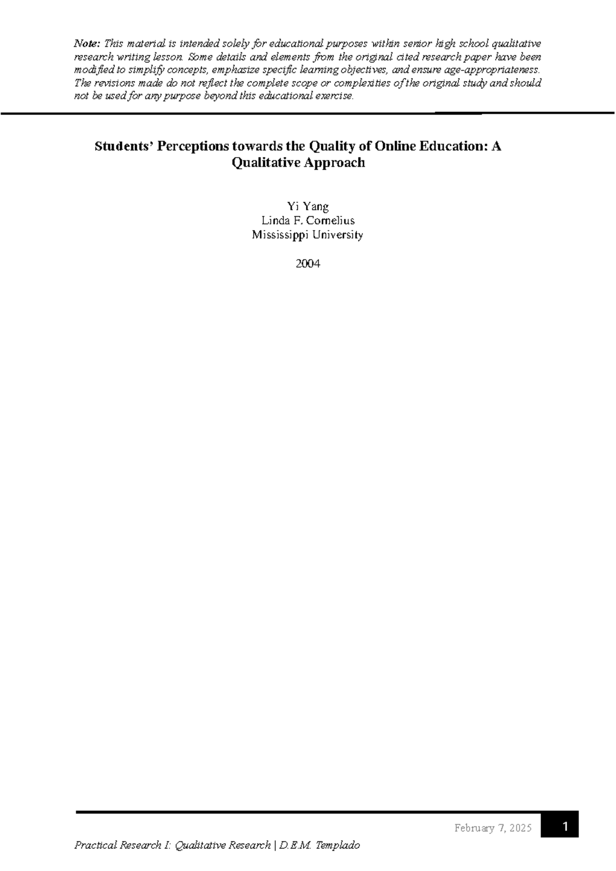 PR1: Qualitative Research on Student Perceptions of Online Education Quality - Studocu