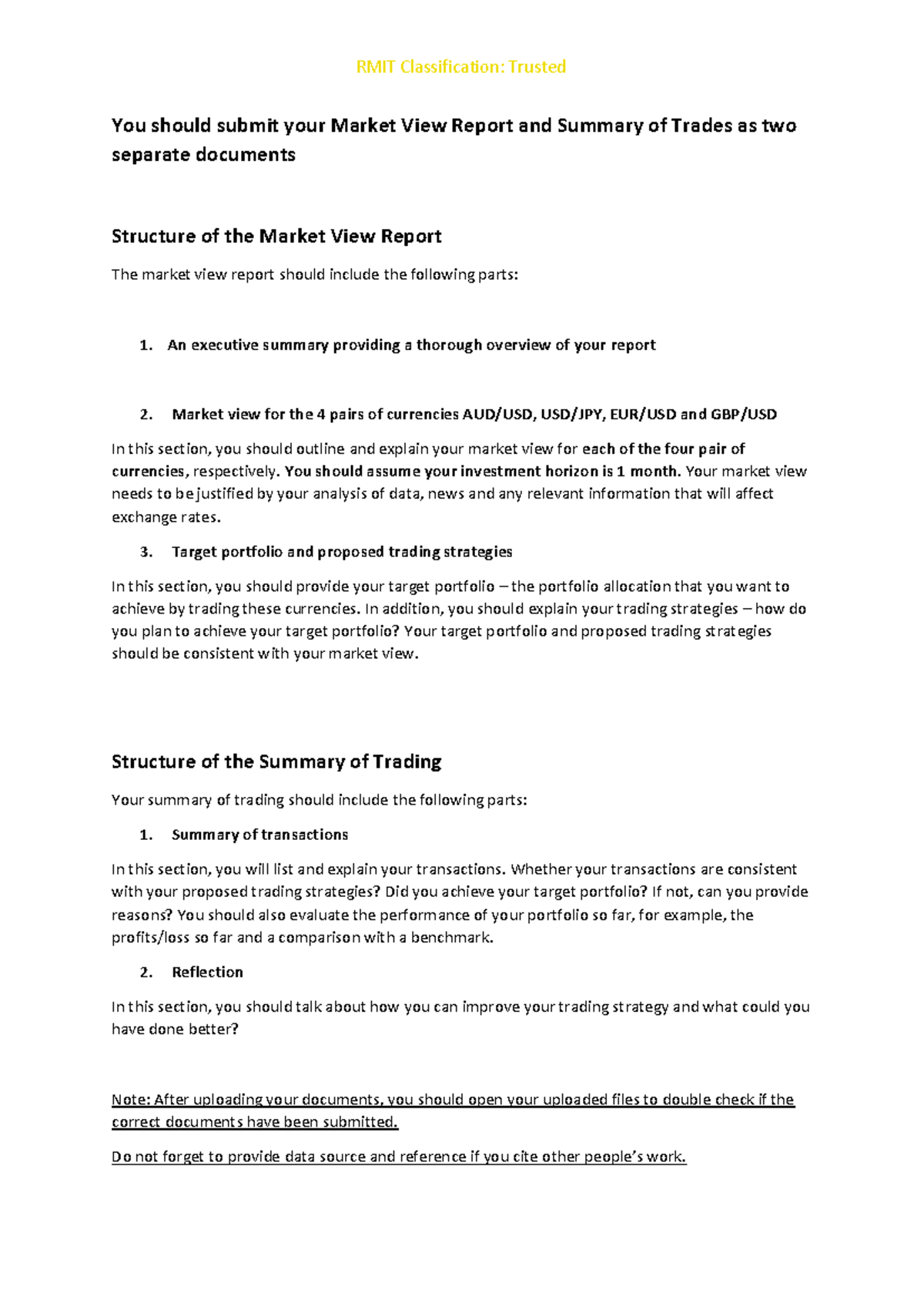 Template for the Market View Report and Summary of trades-2 - RMIT ...