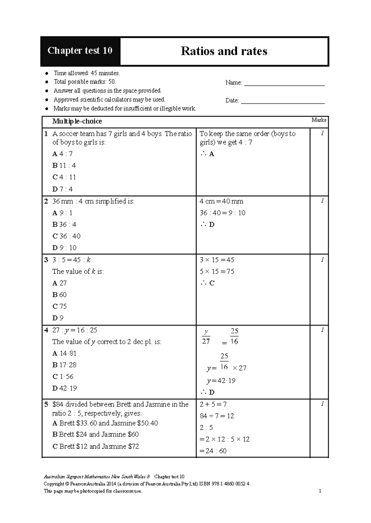 ASM8 CT10ans - past paper - Chapter test 10 Ratios and rates Time ...