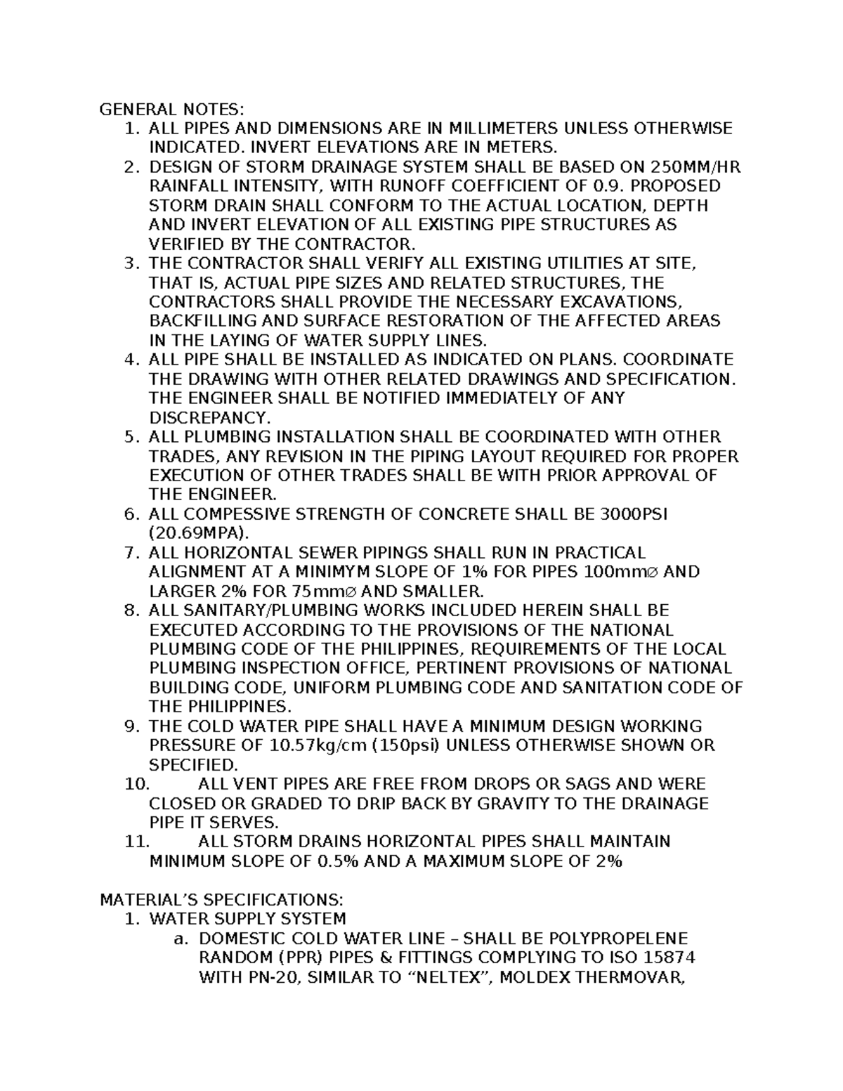 Plumbing Design General Notes: Specifications & Requirements - Studocu
