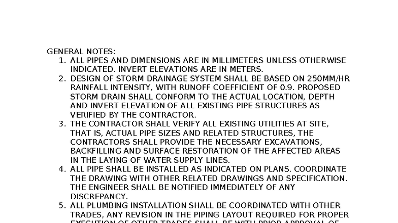 Plumbing Design General Notes: Specifications & Requirements - Studocu