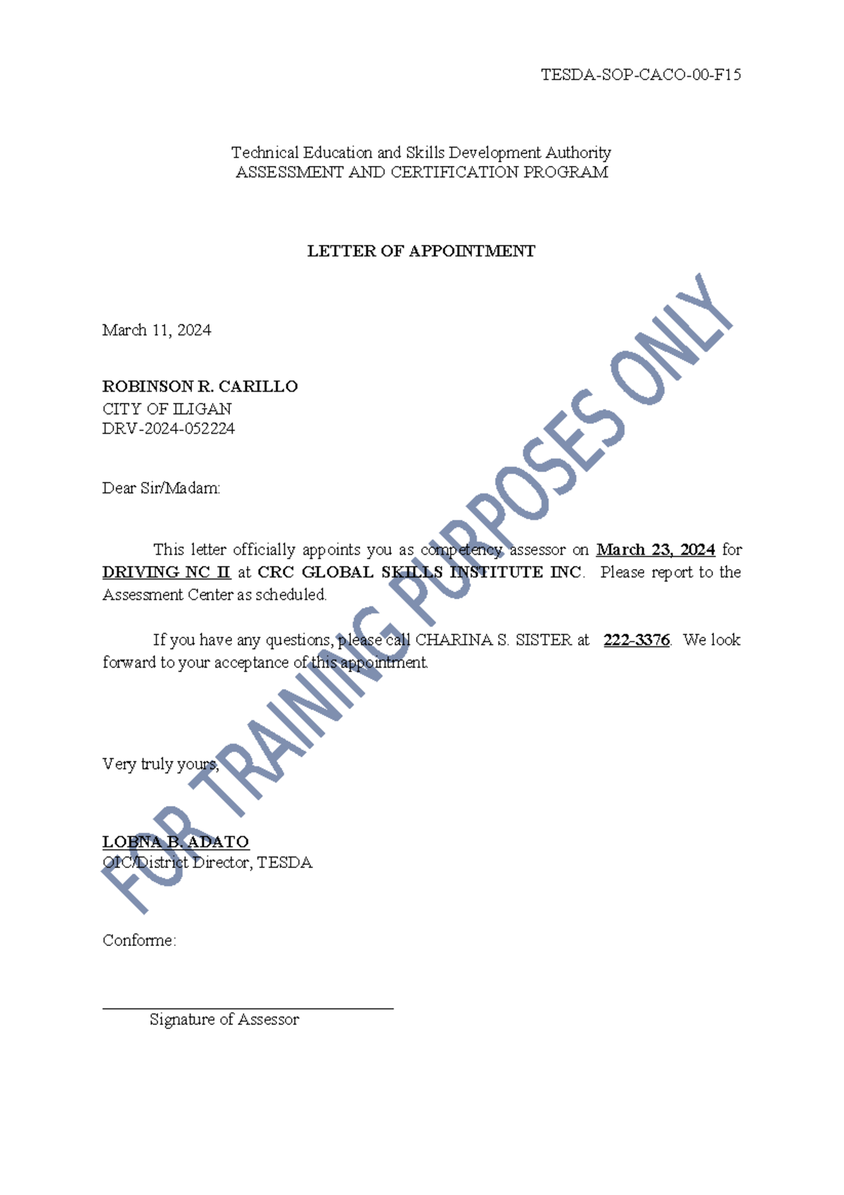 02 - LETTER OF INTENT - TESDA-SOP-CACO-00-F Technical Education and ...