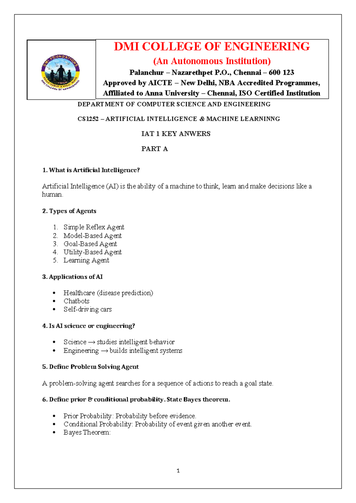 IAT 1 Answer Key - CS1252 Artificial Intelligence & Machine Learning ...