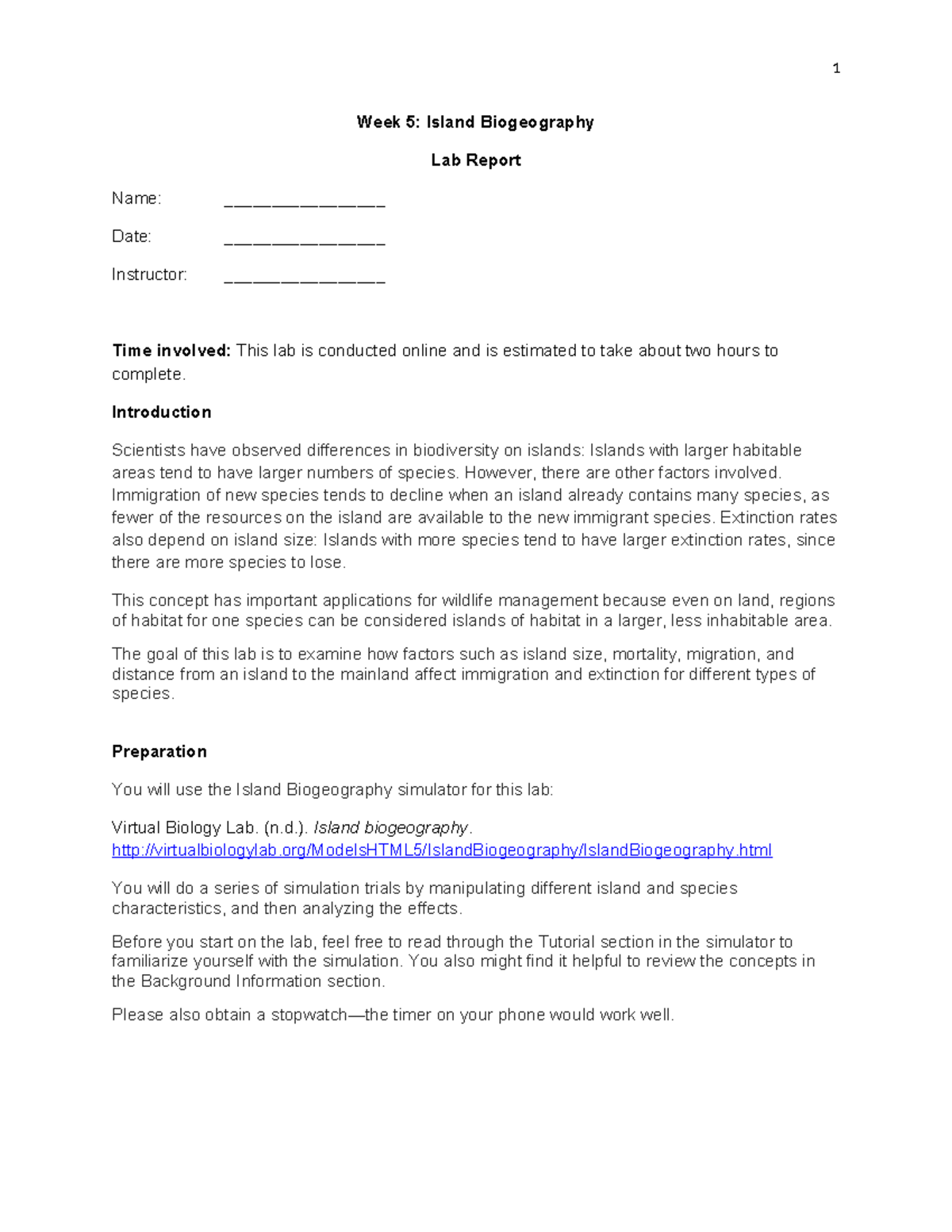 WAL NASC 1001 Week 5: Island Biogeography Lab Report - Studocu