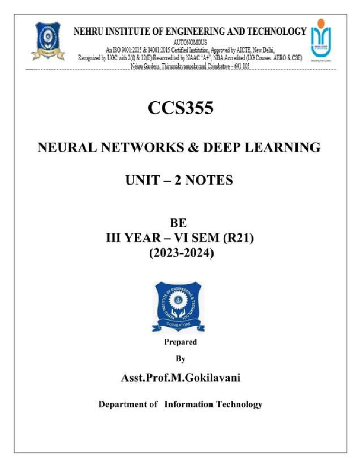 CCS355 Neural Networks & Deep Learning Unit 2 Notes - BE Year VI Sem ...