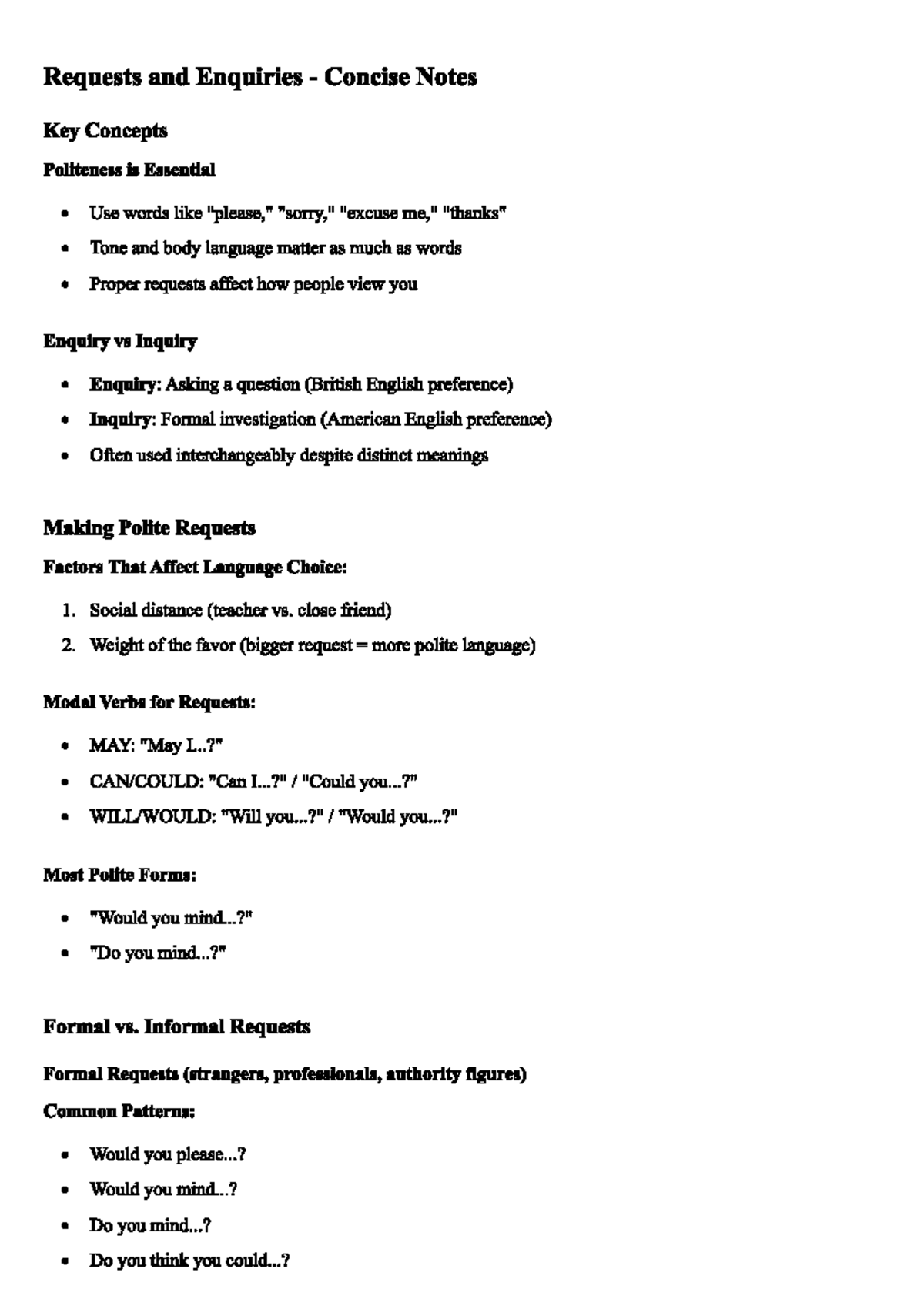 Requests and Enquiries Study Notes: Key Concepts on Politeness - Studocu