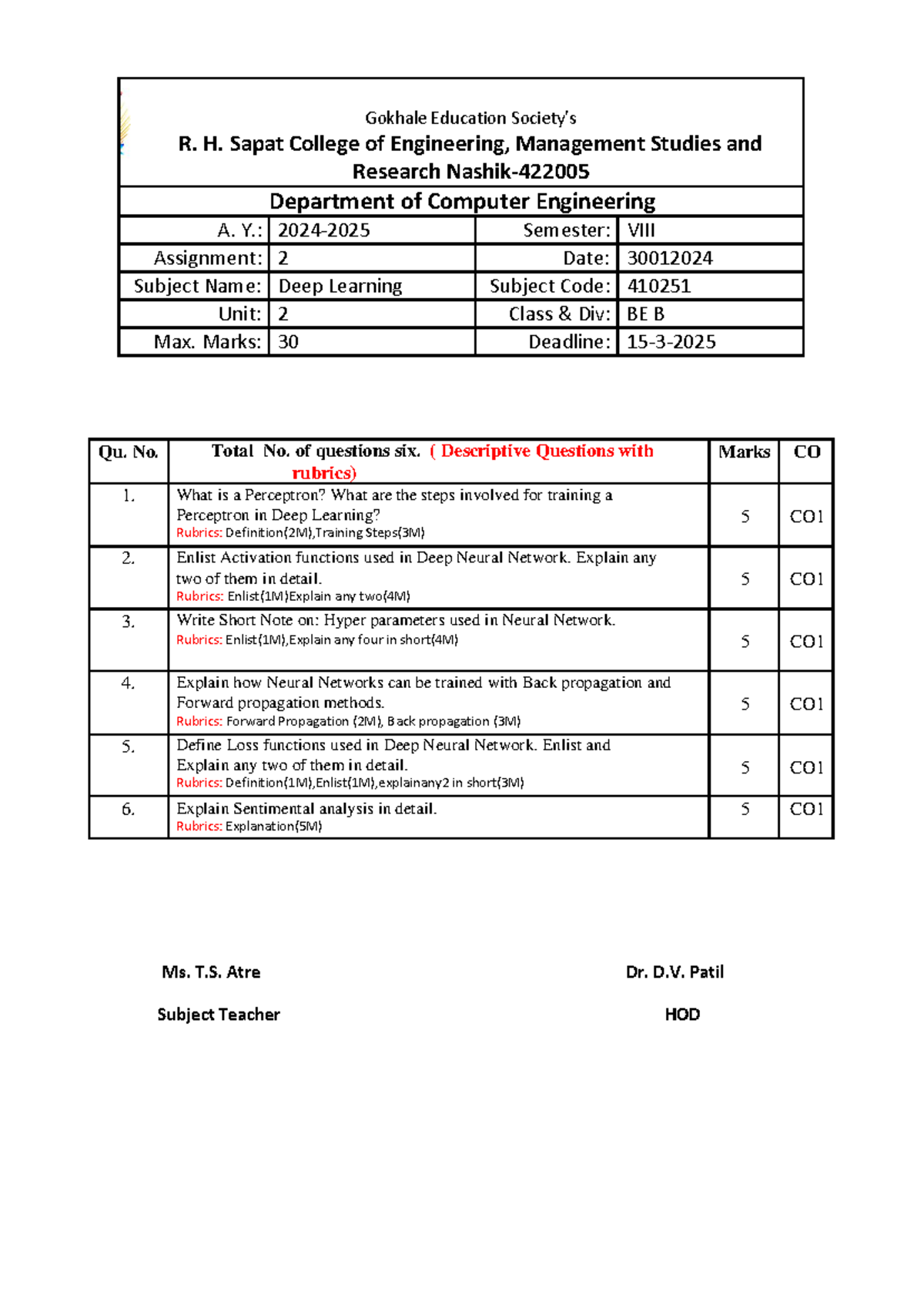 Deep Learning Assignment 2 (Subject Code: 410251) - Unit 2 Questions - Studocu